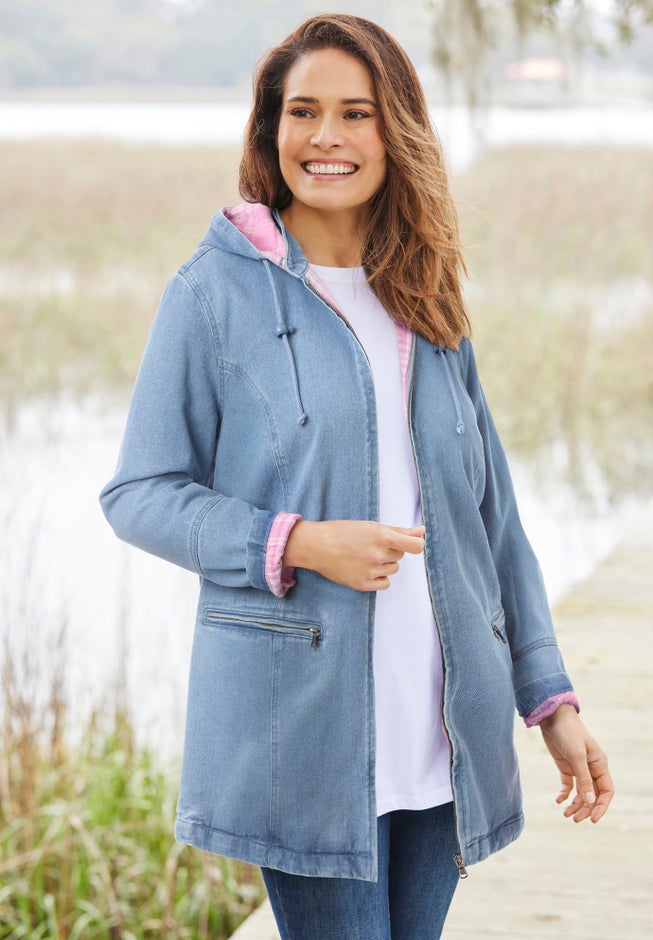 Flannel-Lined Denim Jacket with Detachable Hood, Medium Stonewash Plaid ...