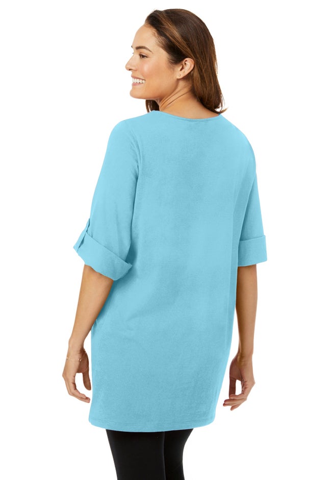 Roll-Tab Sleeve Notch-Neck Tunic for Women, Seamist Blue | Woman Within