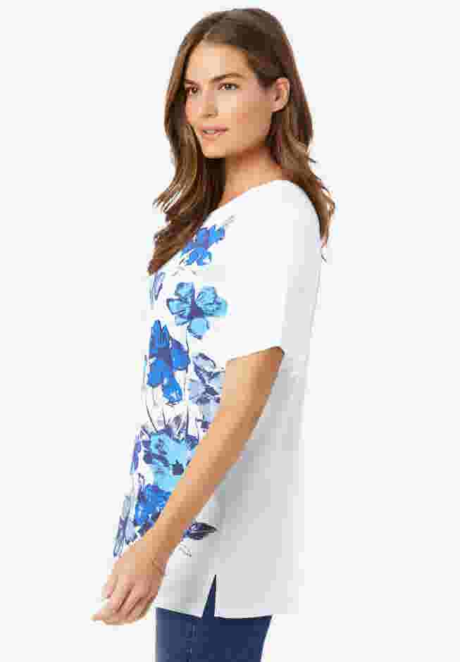 Women's Graphic Tee - Bold Statements, White Blue Floral | Woman Within