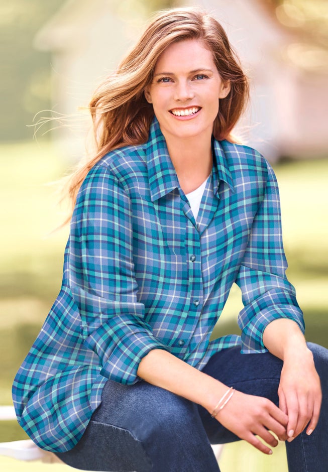 Cozy Cotton Flannel Classic Shirt 30" Tunic Length, Navy Plaid | Woman ...