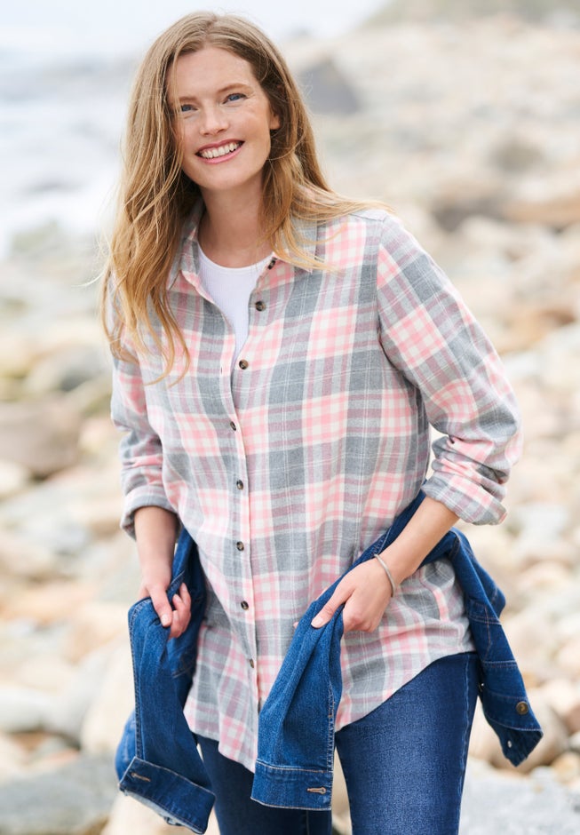 Cozy Cotton Flannel Classic Shirt 30" Tunic Length, Navy Plaid | Woman ...