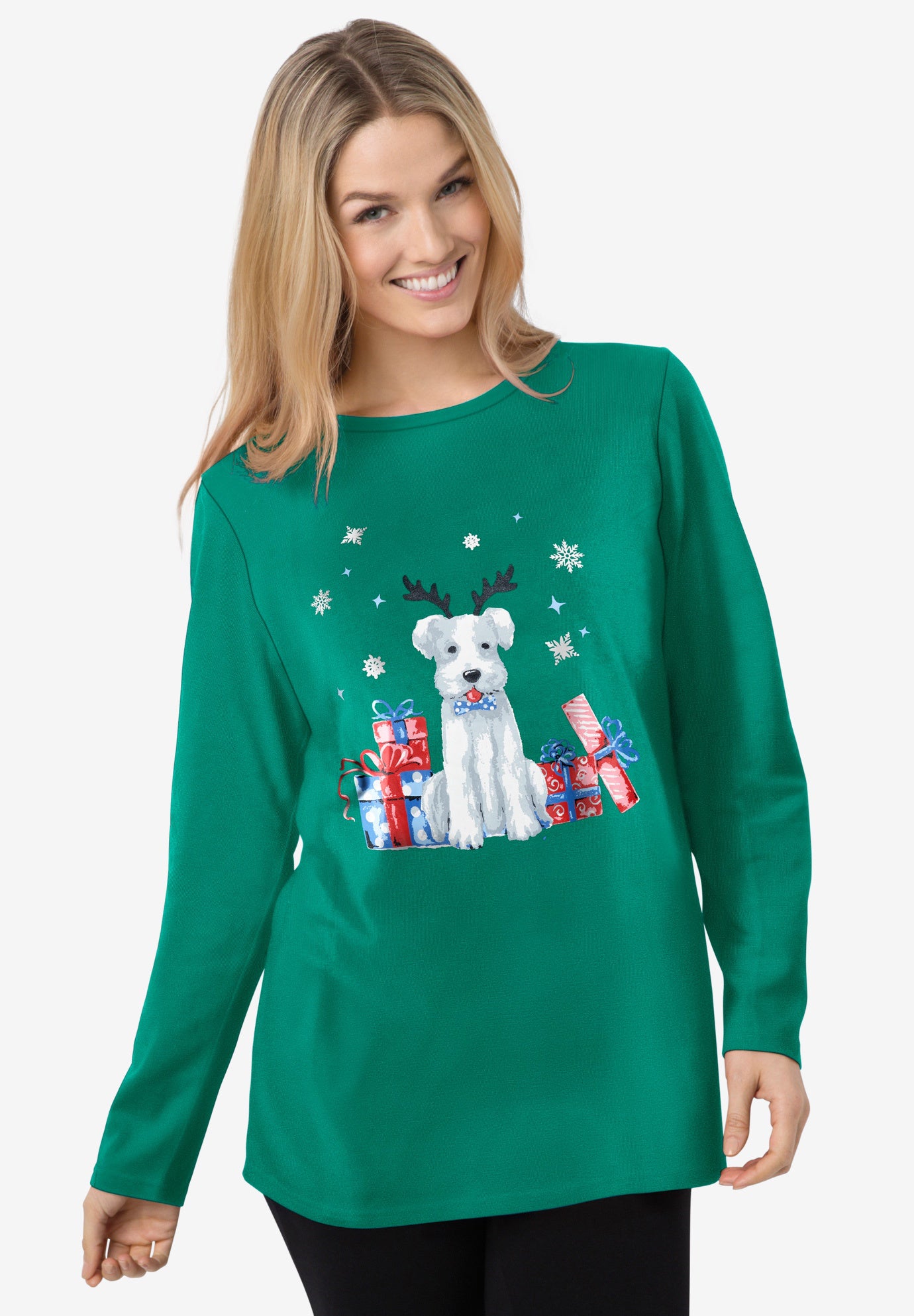Holiday Graphic Tee - Festive Motif Long Sleeve, Emerald Christmas Dog ...