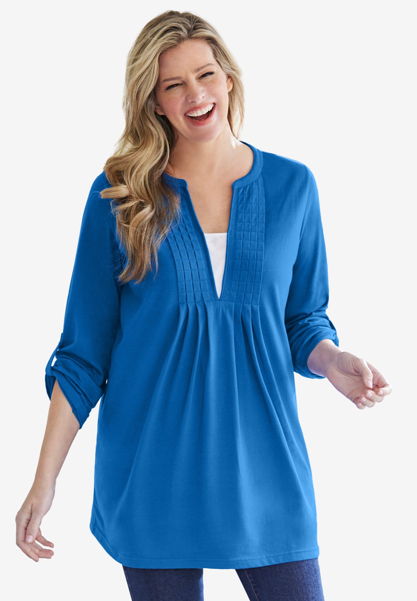 Box-Stitched 7-Day Split Neck Tunic, Deep Cobalt | Woman Within