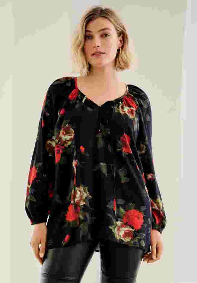 Peasant Tunic with Tie Neck Raglan Sleeves, Black Rose Print | Woman Within