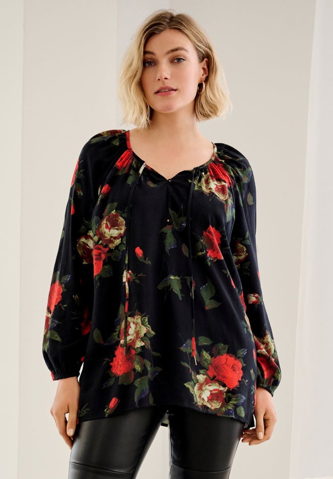 Peasant Tunic with Tie Neck Raglan Sleeves, Black Rose Print | Woman Within