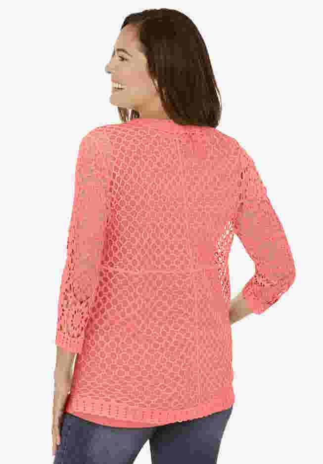 Pointelle Cardigan - Curved Hem, Relaxed Fit, Sweet Coral | Woman Within
