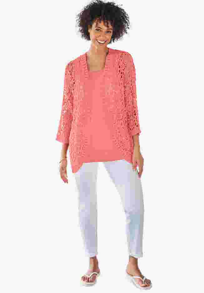 Pointelle Cardigan - Curved Hem, Relaxed Fit, Sweet Coral | Woman Within