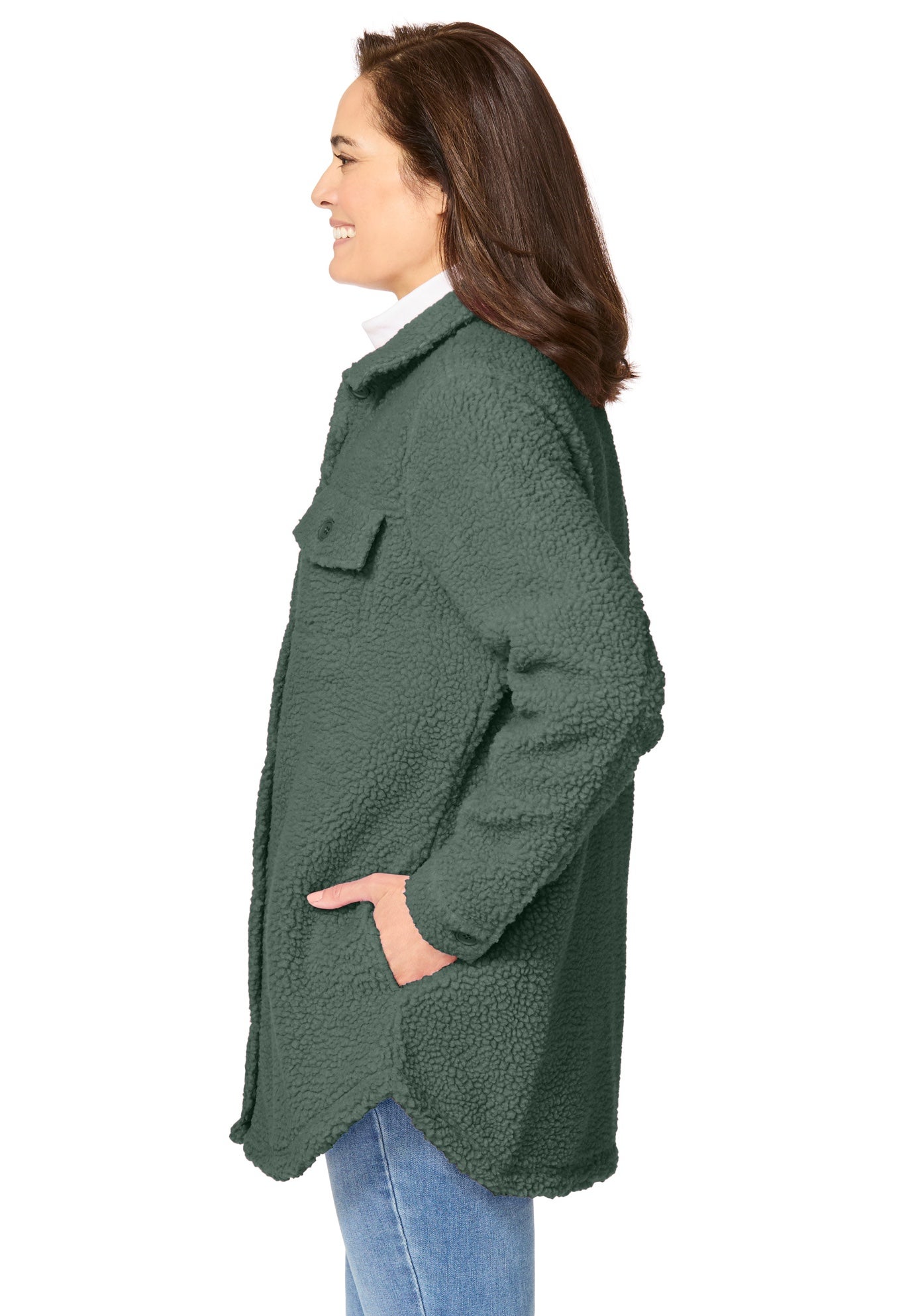 Plus Size Berber Button-Front Jacket, Pine | Woman Within