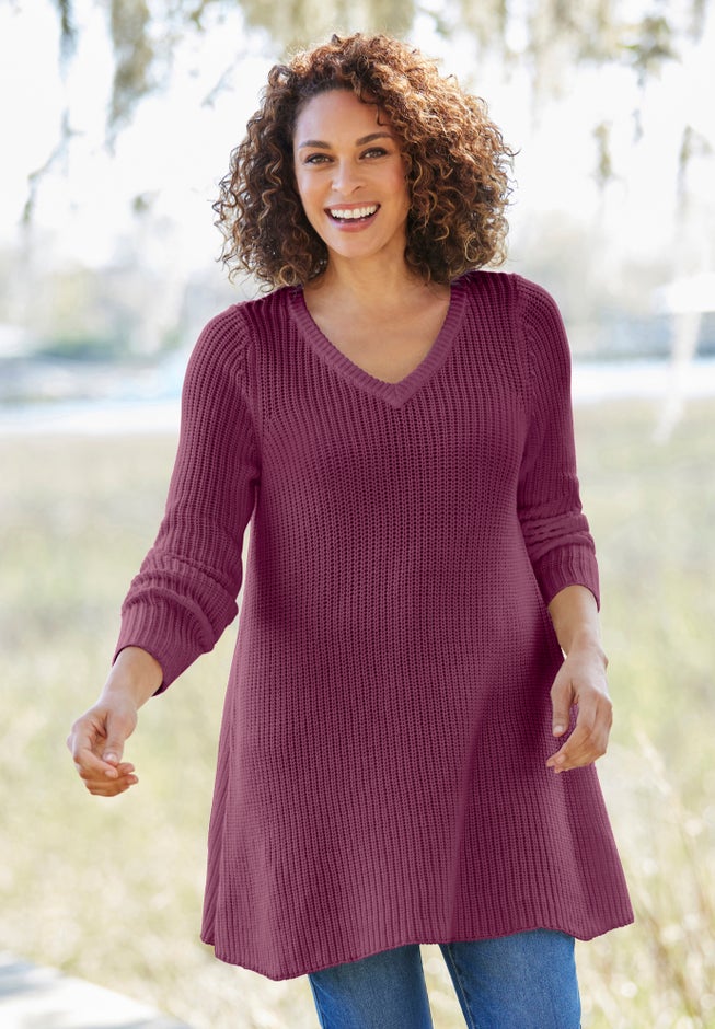 V-Neck Trapeze Sweater Long Sleeve Pullover, Deep Claret | Woman Within