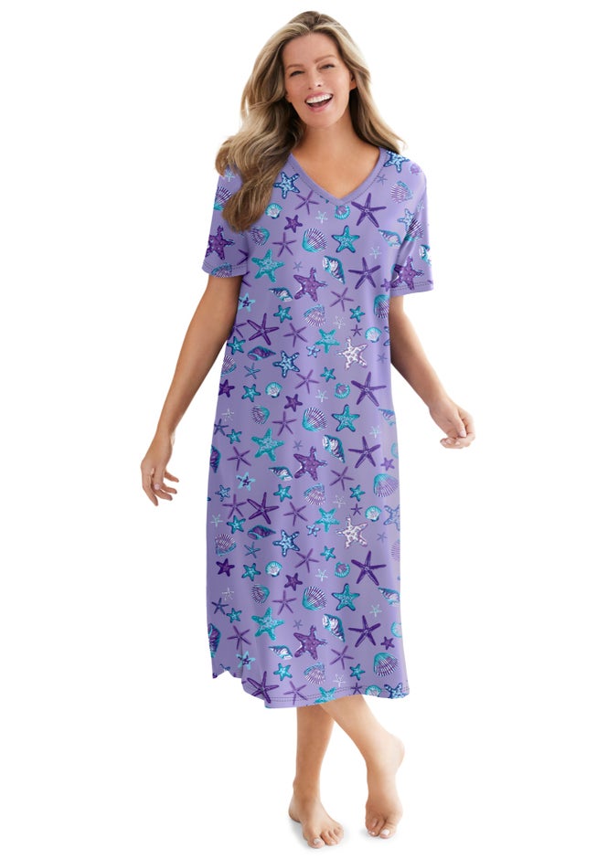 Cotton Long Print Sleepshirt with Side Slits, Plum Burst Dot | Woman Within