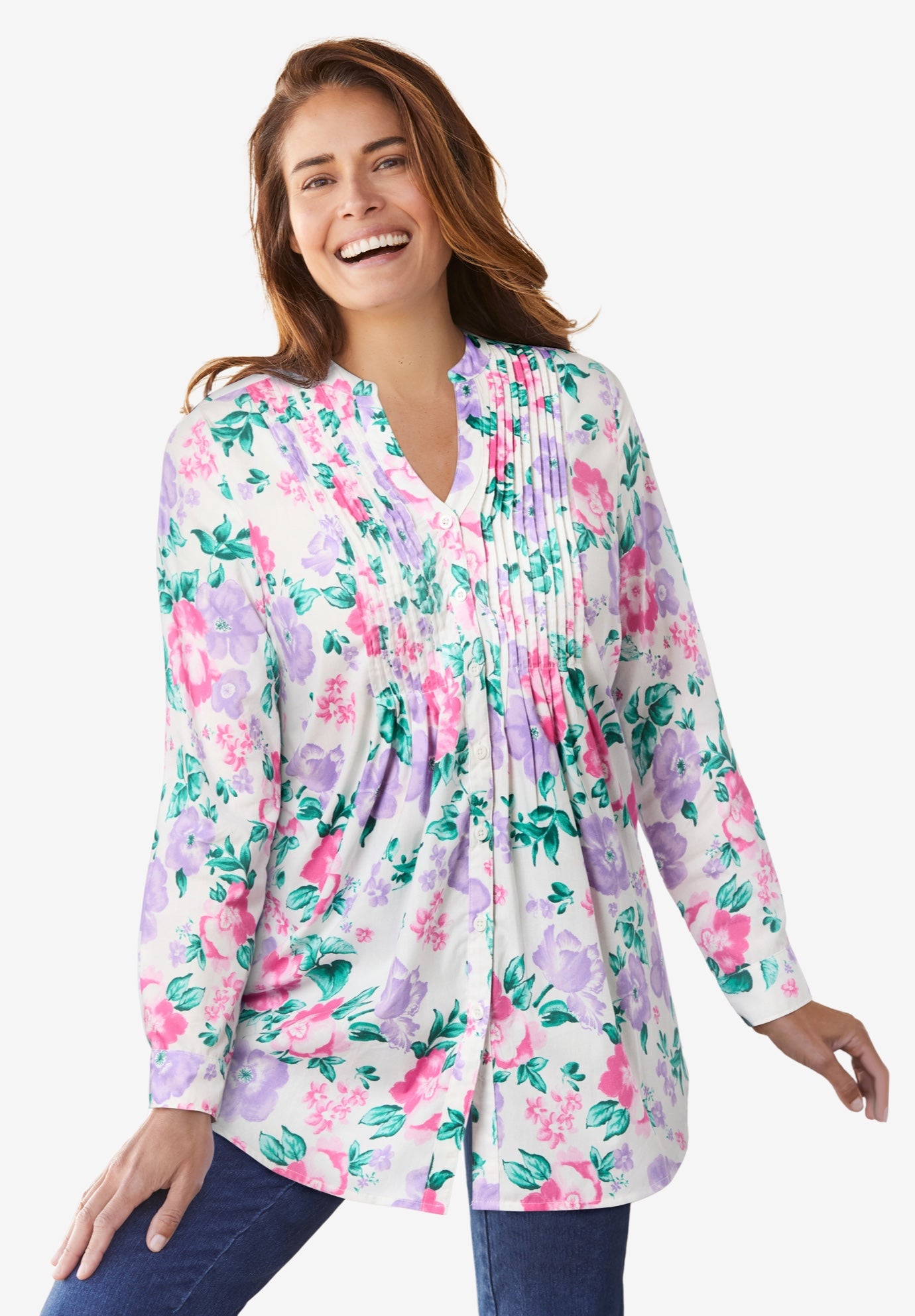 Wrinkle-Resistant Perfect Pintuck Tunic, White Painted Floral | Woman ...