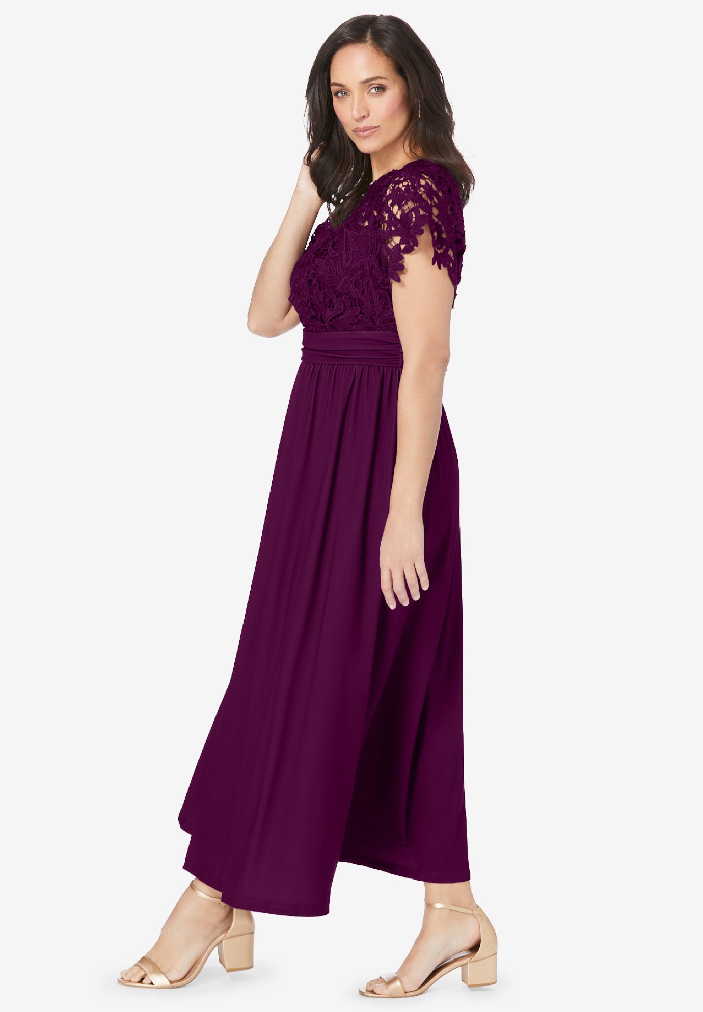 Elegant Lace Maxi Dress with Sweetheart Neckline, Dark Berry | Woman Within