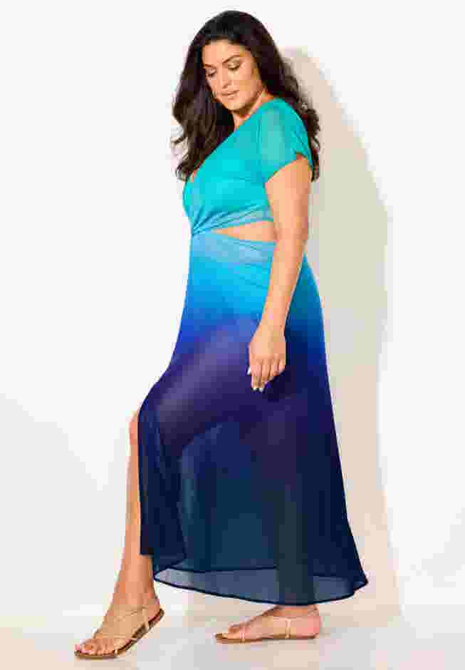 Twist Front Mesh Cut-Out Beach Cover Up Dress, Green Blue Ombre | Woman ...