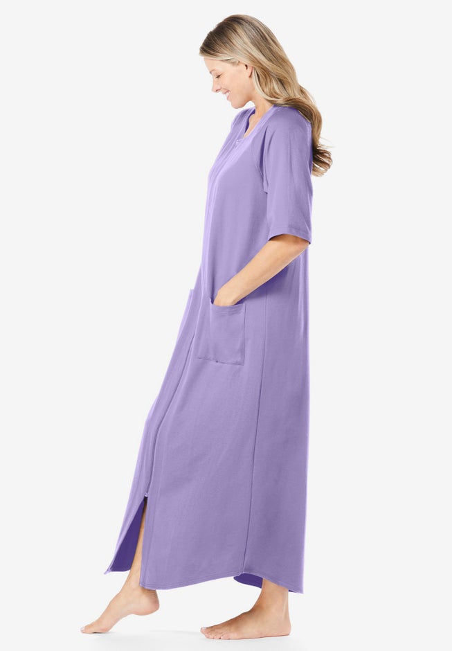 French Terry Robe - Long Zip-Front Style, Soft Iris | Woman Within