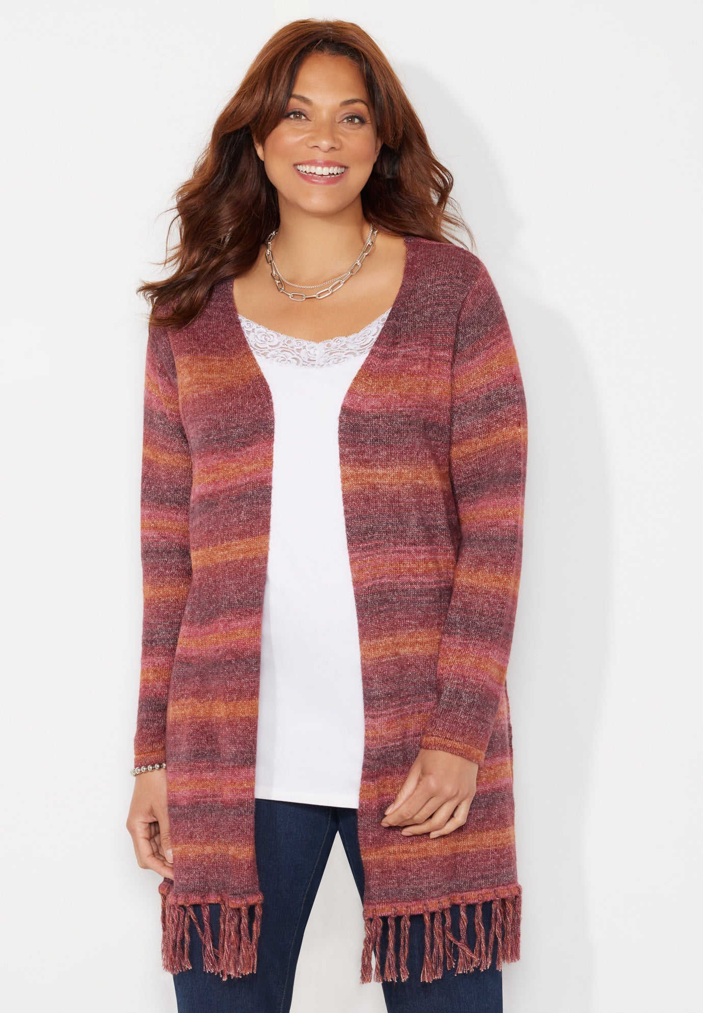 Ombre Tassel Hem Duster for Plus Size, Rich Burgundy Combo | Woman Within