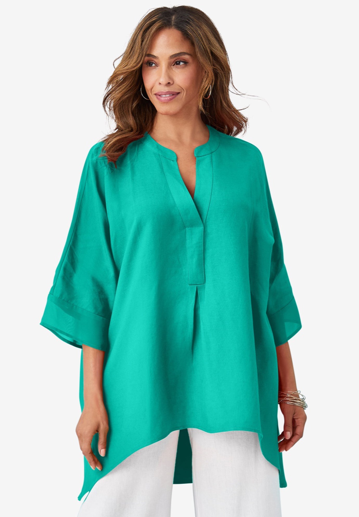 Hi-Low Linen Tunic with Split Neckline, Aqua Sea | Woman Within