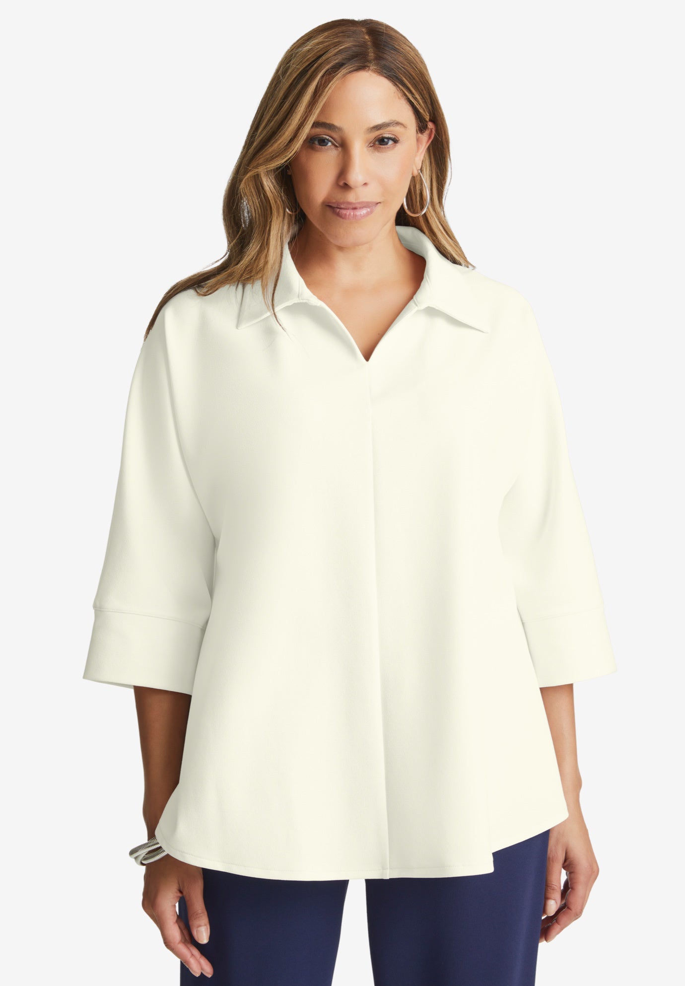 Knit Crepe Trapeze Tunic - V-Neck, 3/4 Sleeves, Ivory | Woman Within