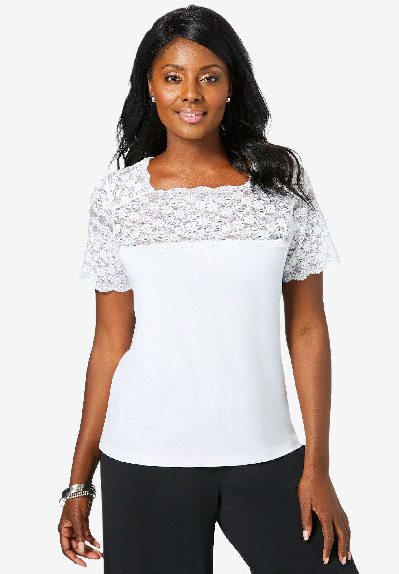 Lace Neckline Top - Square Neck Stretch Style, Classic Red | Woman Within