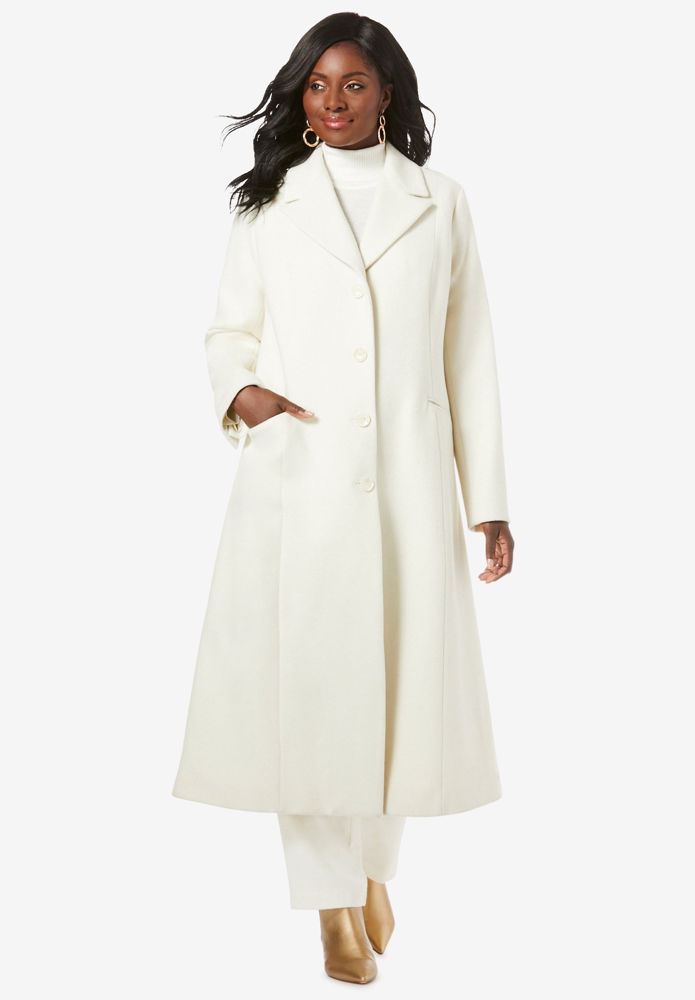 Wool Blend Coat - Full Length Jacket 49", Ivory | Woman Within