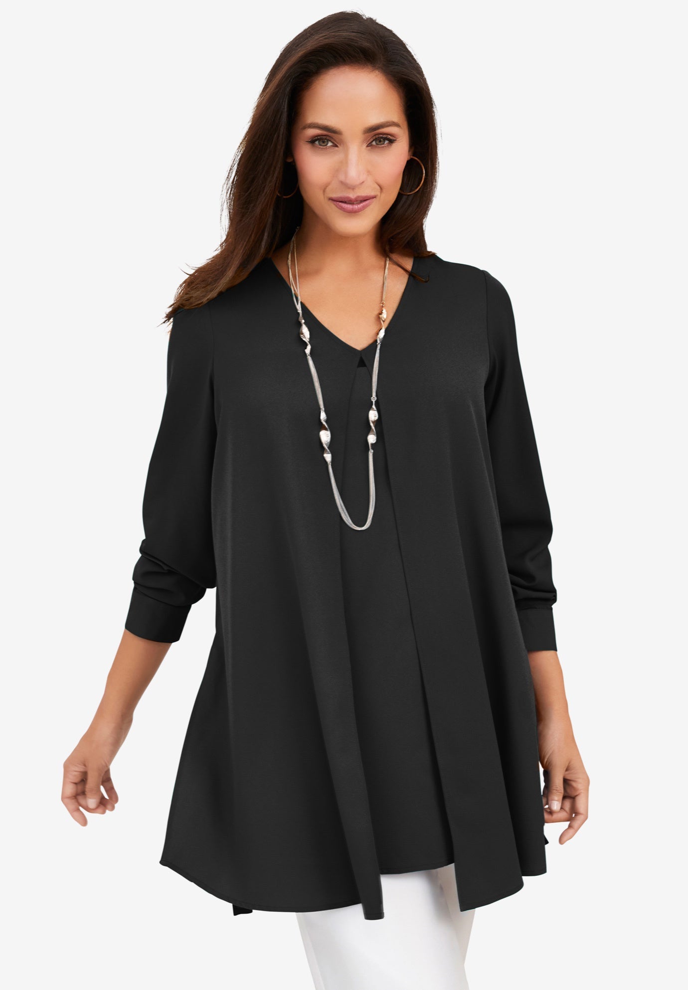 Flyaway V-Neck Tunic with Split Overlay, Black | Woman Within