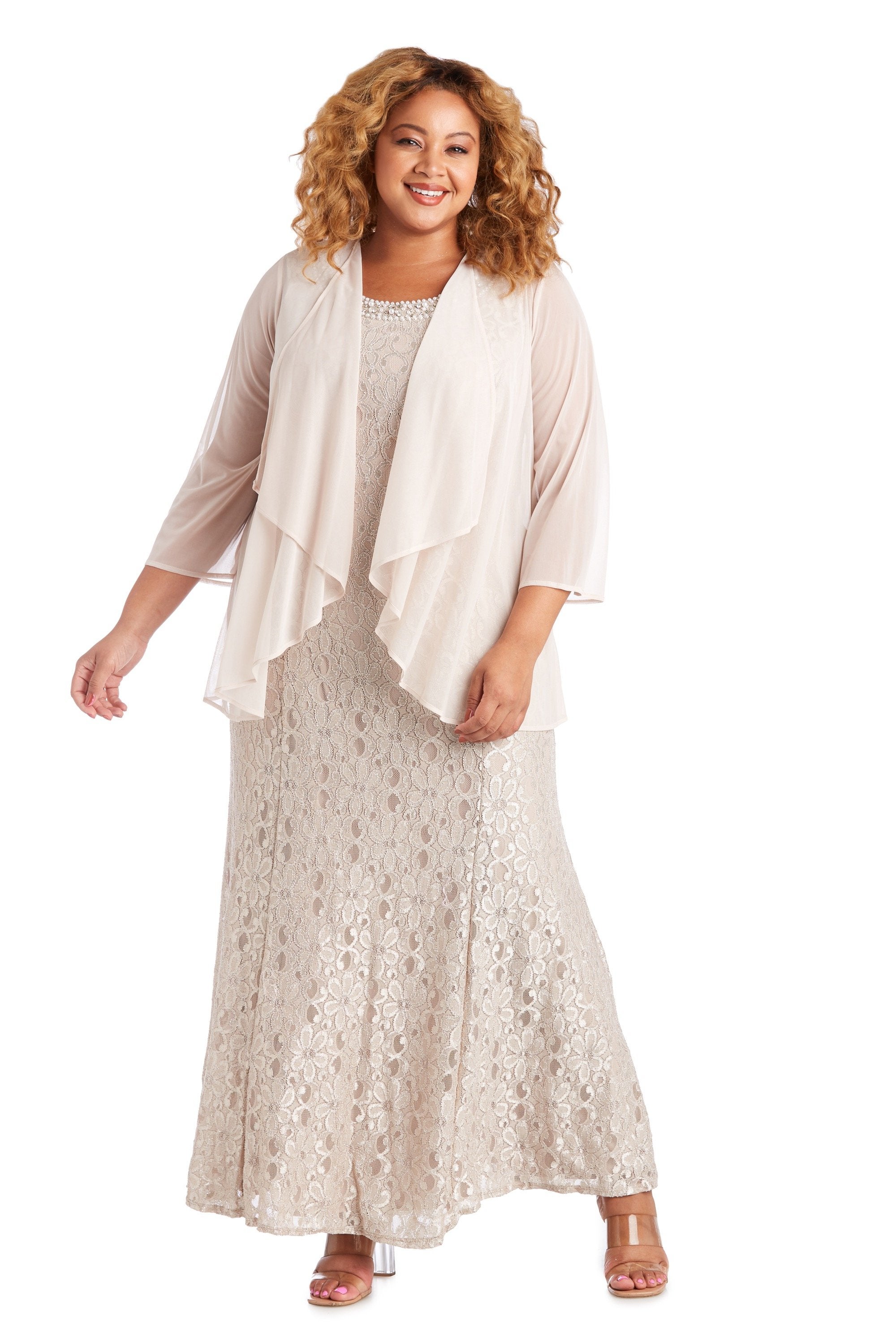 Long Flyaway Sheer Jacket Over Lace Aline Dress With Beaded Necklace ...