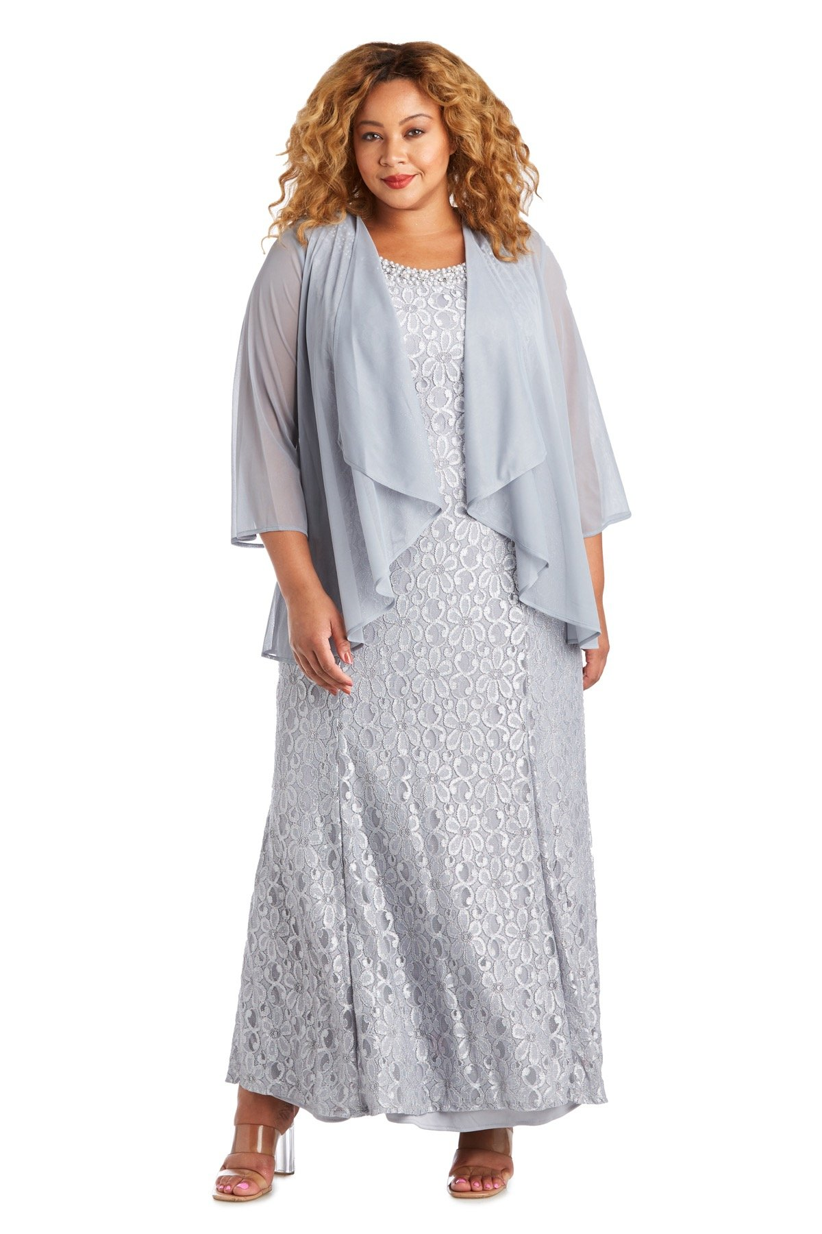 Long Flyaway Sheer Jacket Over Lace Aline Dress With Beaded Necklace ...