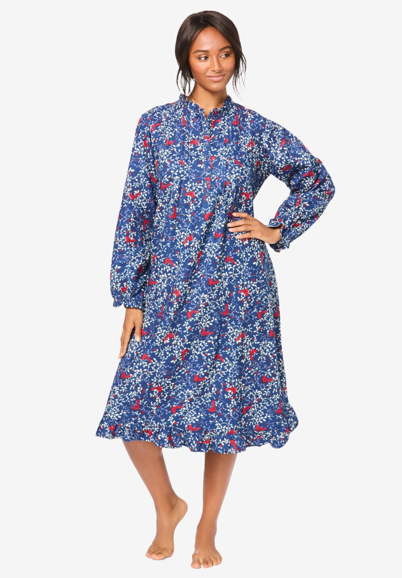 Cotton Flannel Nightgown - Short, Print, Evening Blue Cardinals | Woman ...