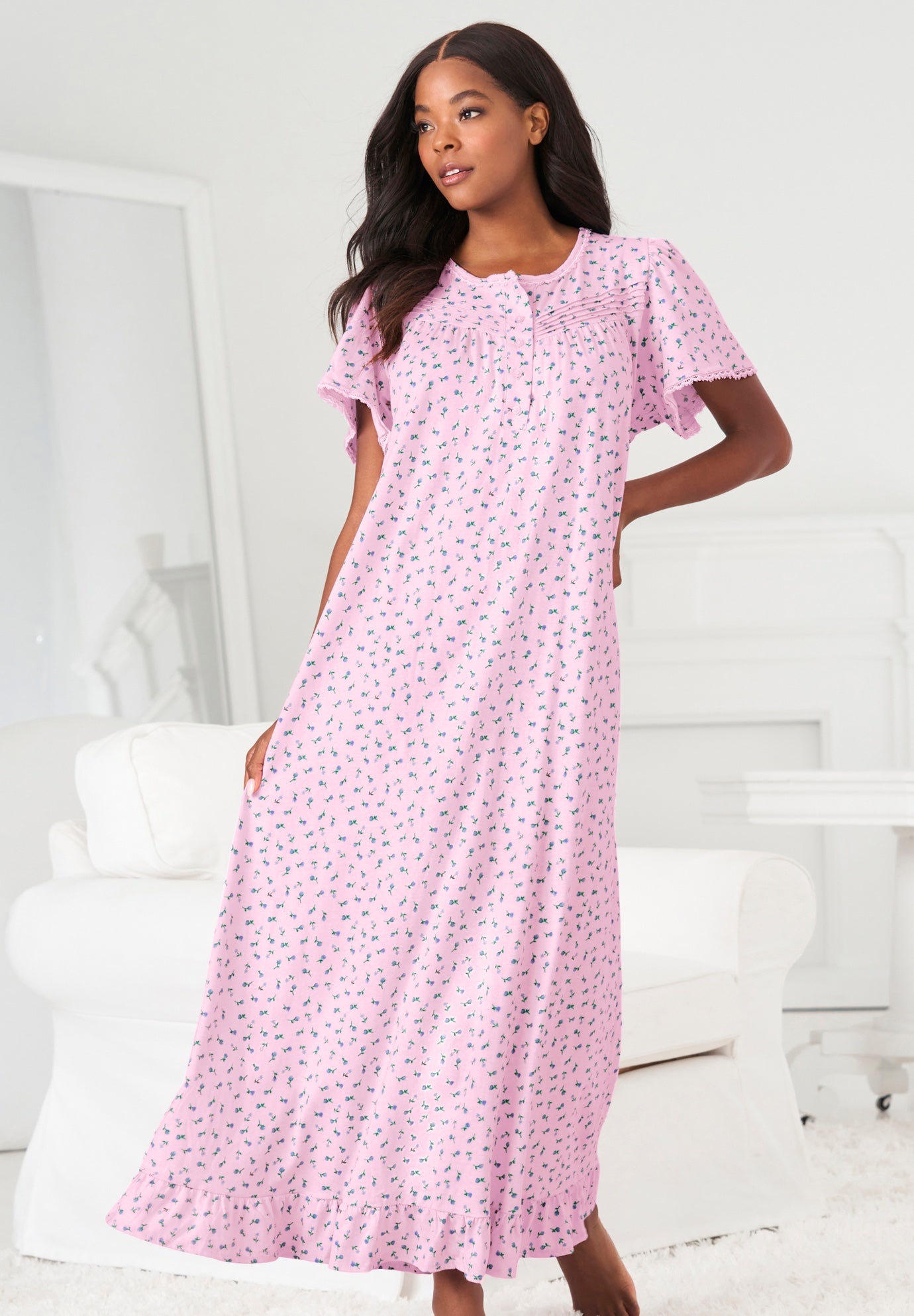 Long Ruffled Cotton Gown - Floral Print, Pink Ditsy | Woman Within