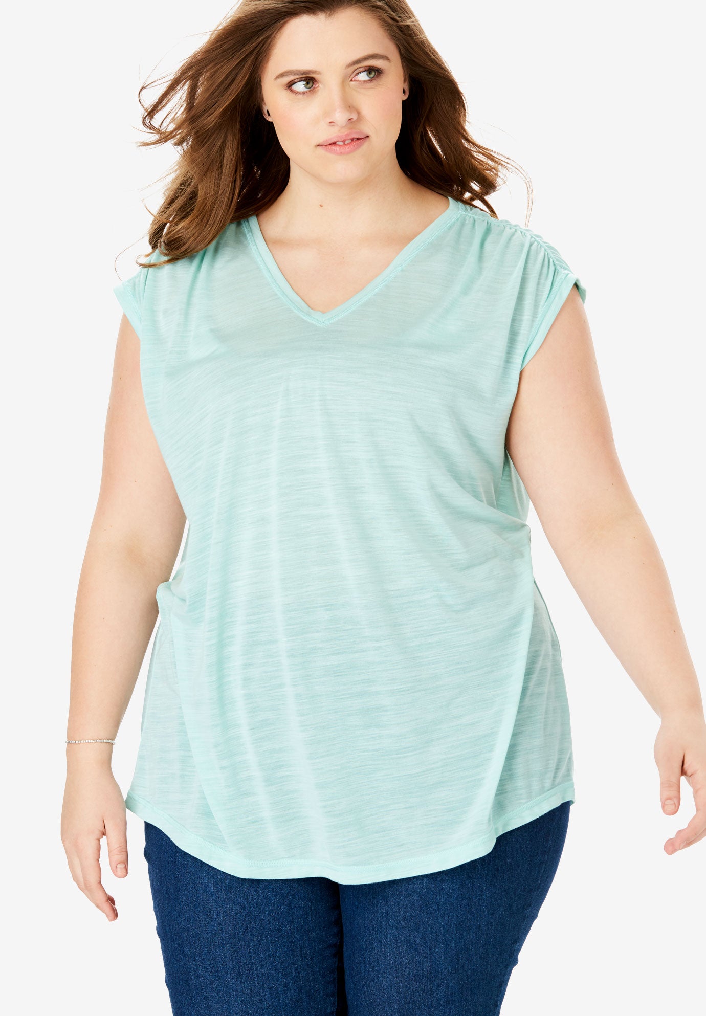 Ruched Sleeve V Neck Tunic By Fullbeauty Sport® Plus Size Tops Woman