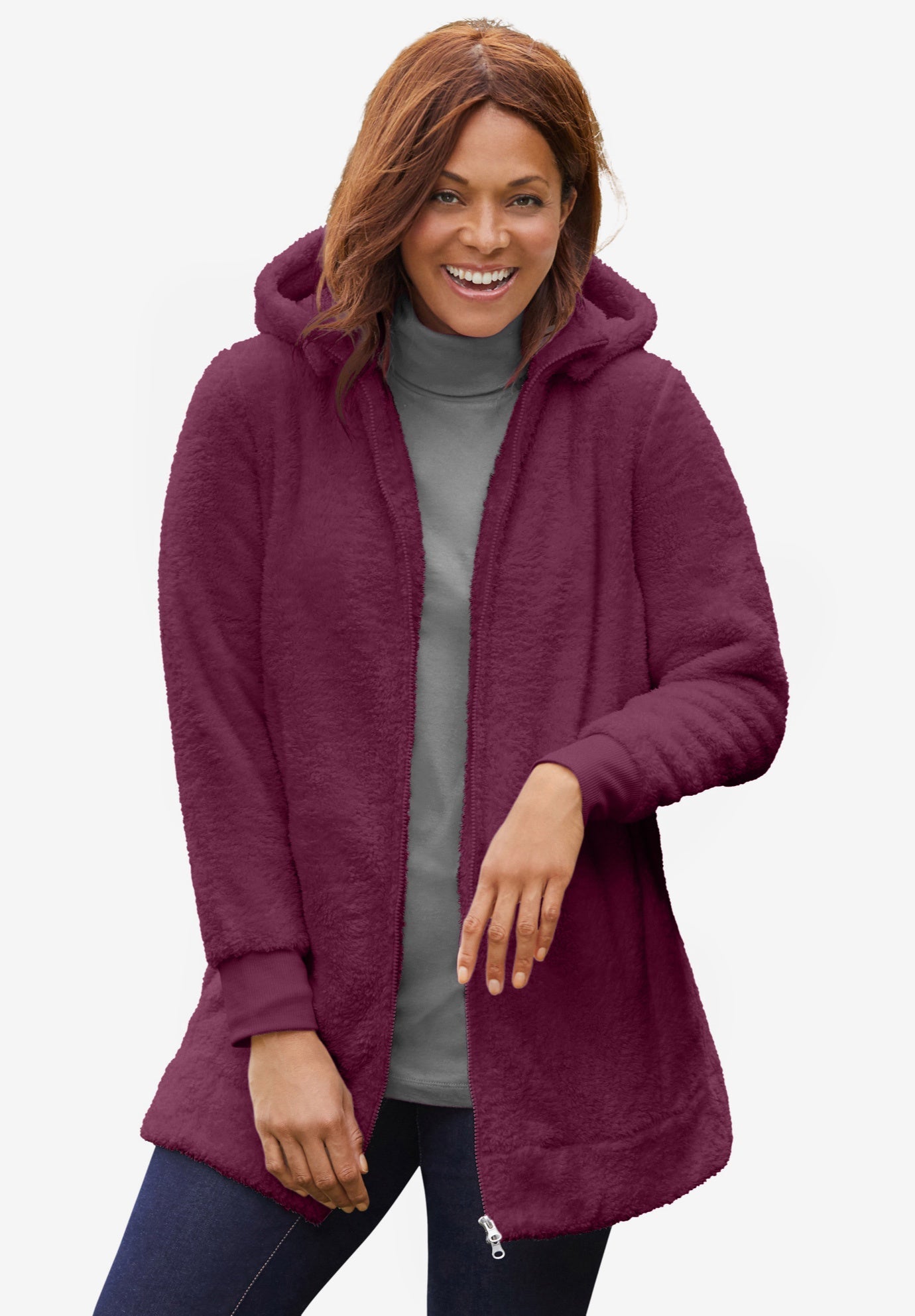 Fleece Hooded Jacket with Pockets - Cozy Warmth, Deep Teal | Woman Within