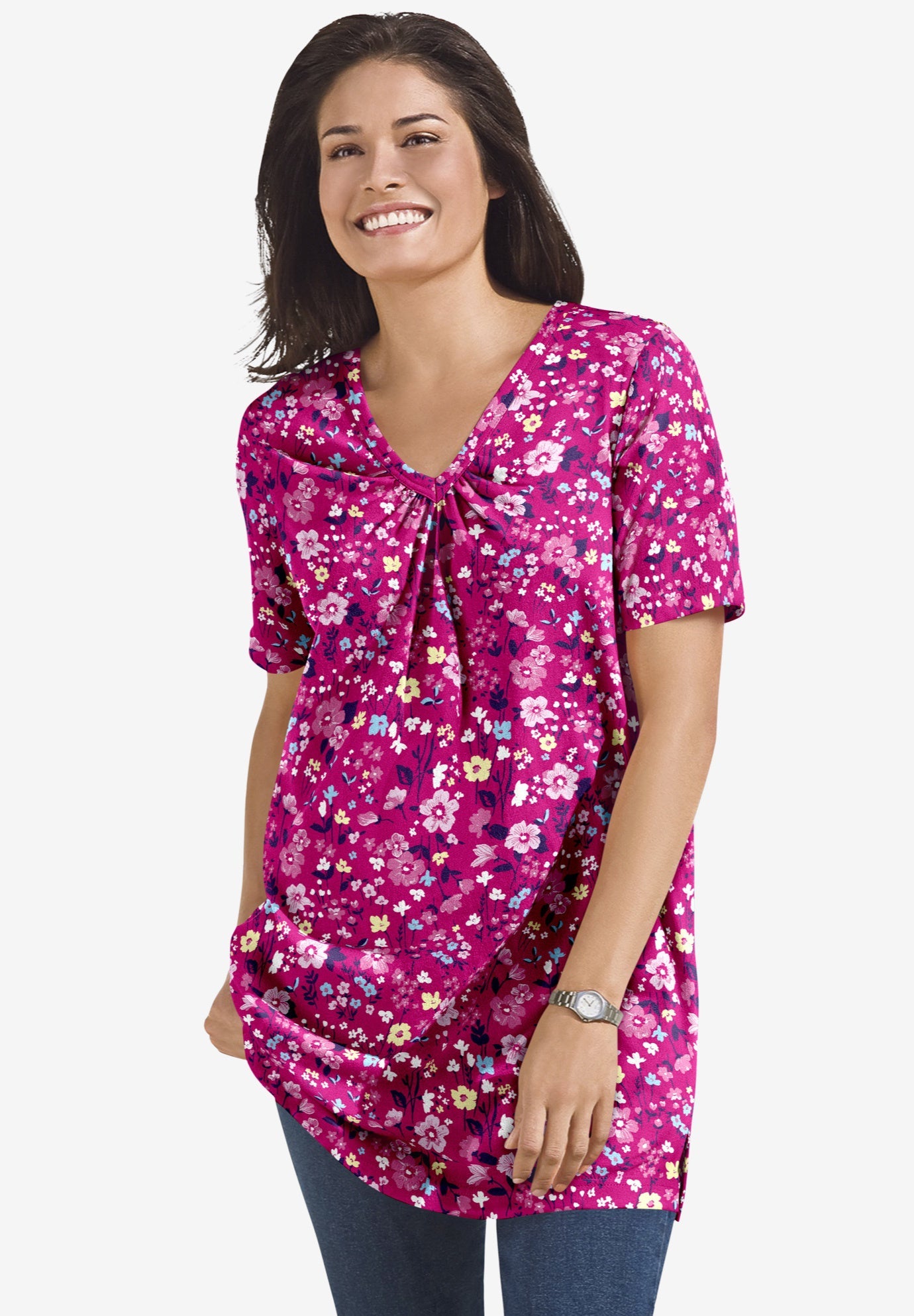Perfect Printed Shirred V-Neck Tunic Short-Sleeve, Raspberry Sorbet ...