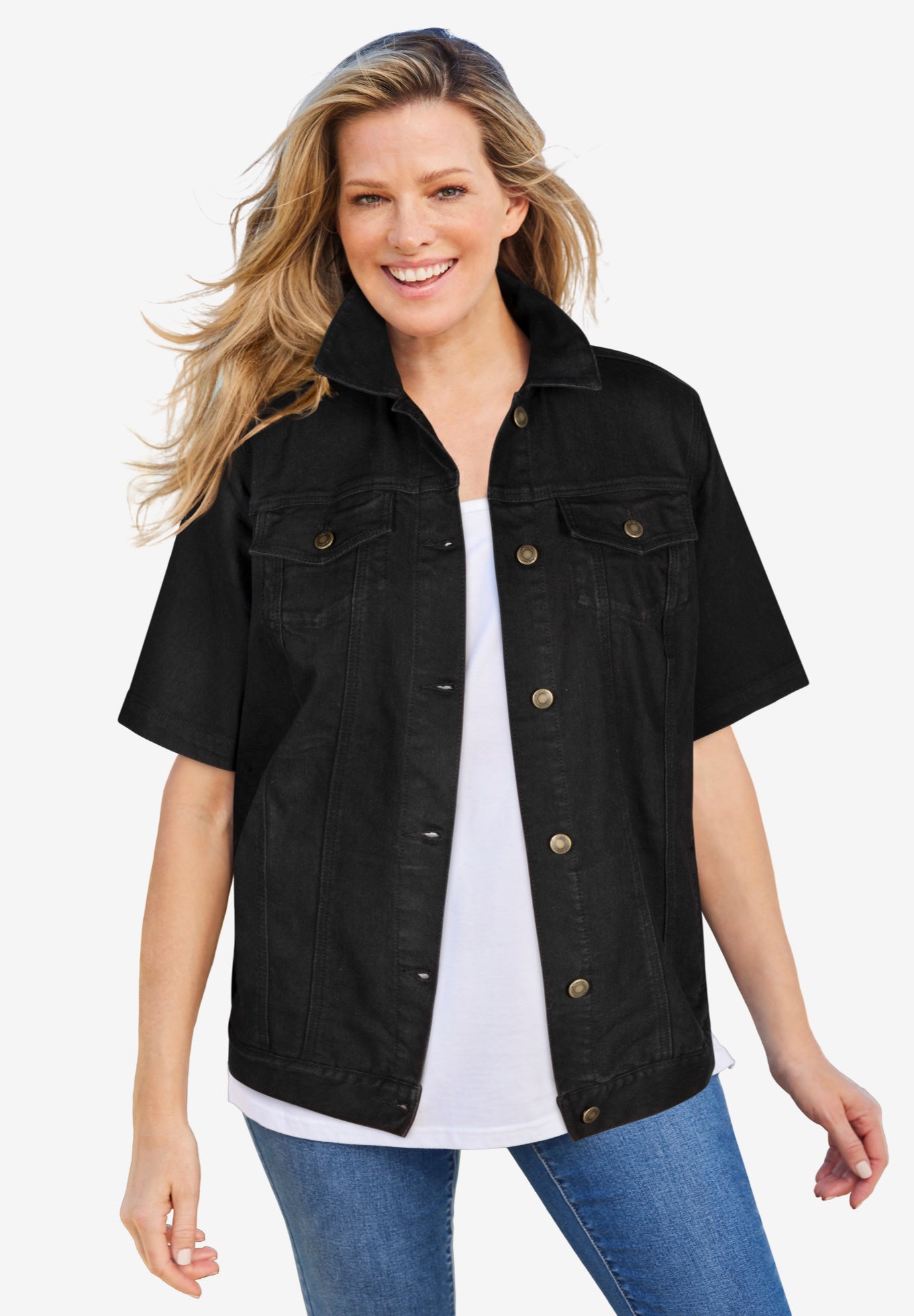 Short-Sleeve Denim Jacket for Women, Medium Stonewash | Woman Within