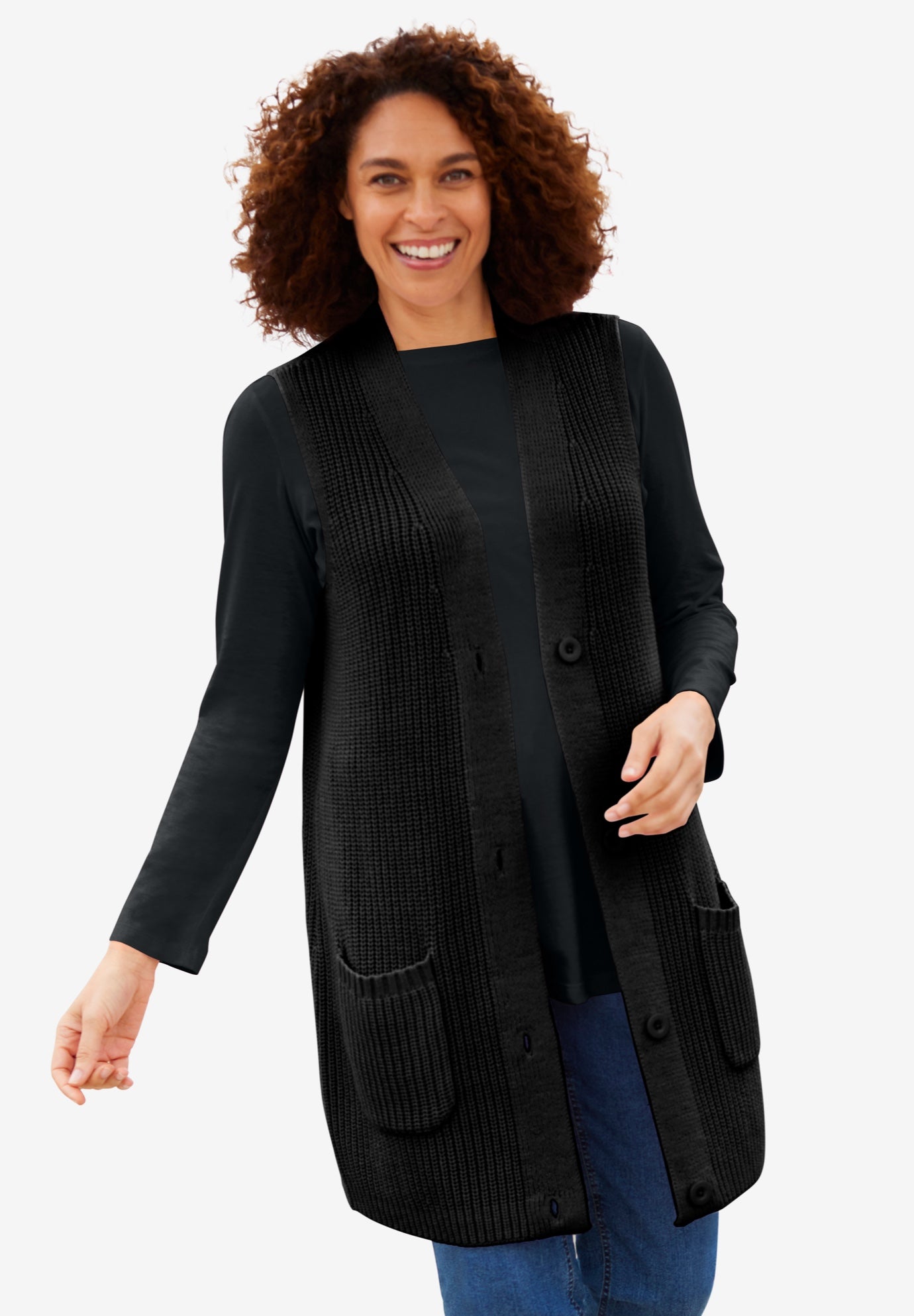 Shaker Knit Vest for Women - Button Front, Black | Woman Within