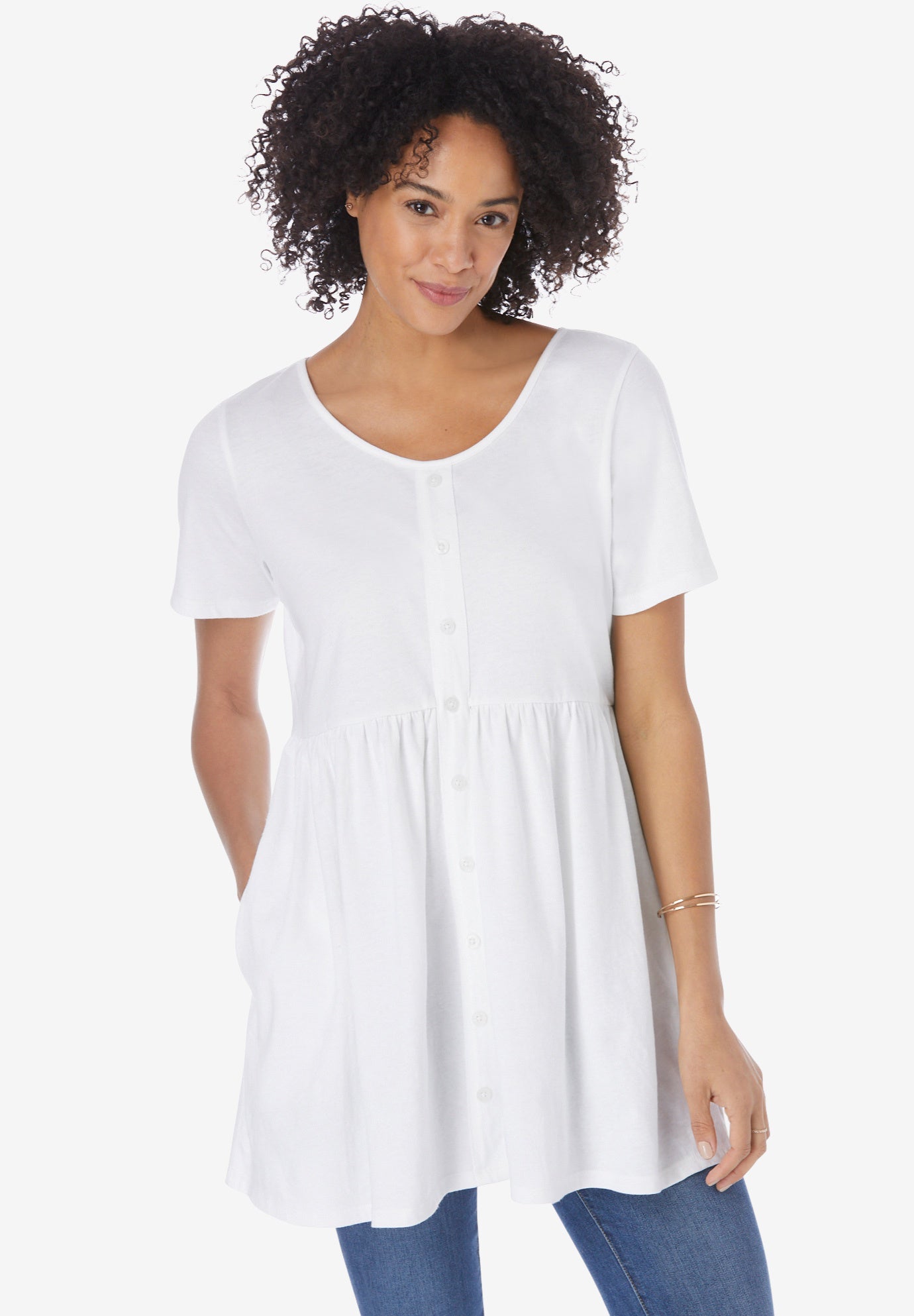 Short-Sleeve Empire Waist Tunic Top, White | Woman Within