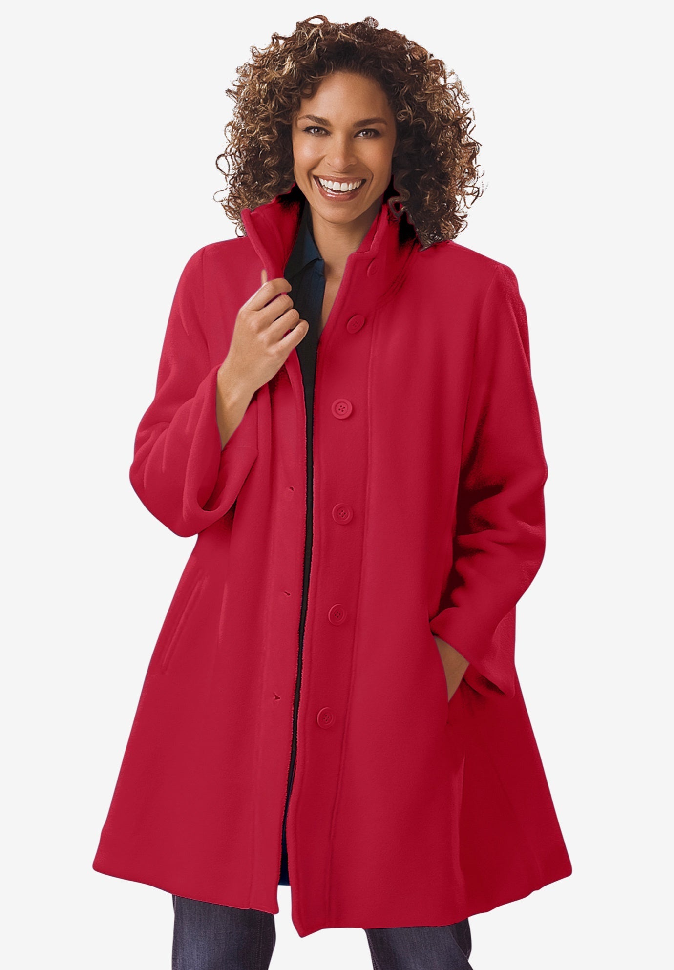 Fleece Funnel-Neck Swing Coat - Cozy Women's Jacket, Classic Red ...