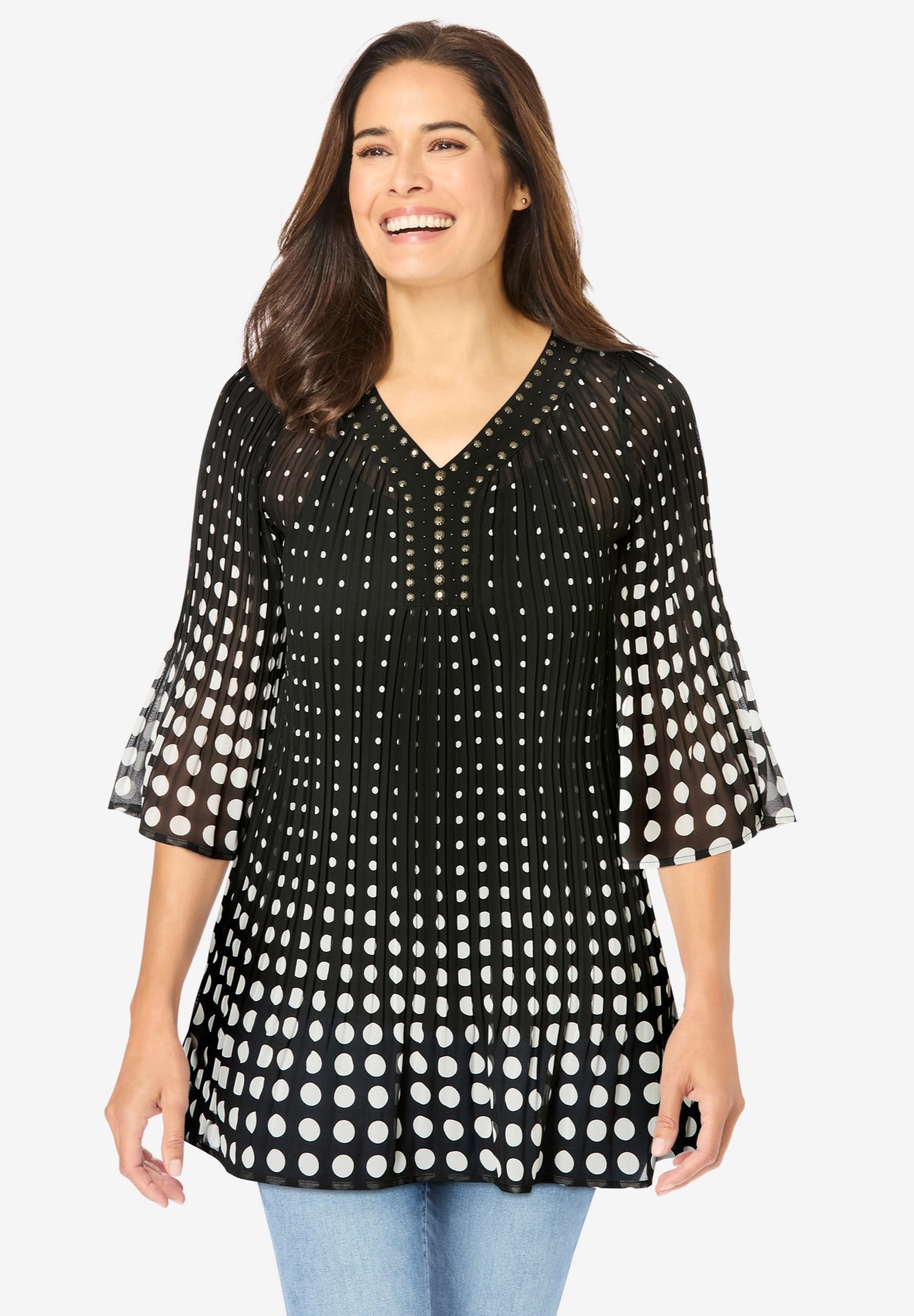 Pleated A-Line Blouse with Bell Sleeves, Black Linear Gradient Dot ...