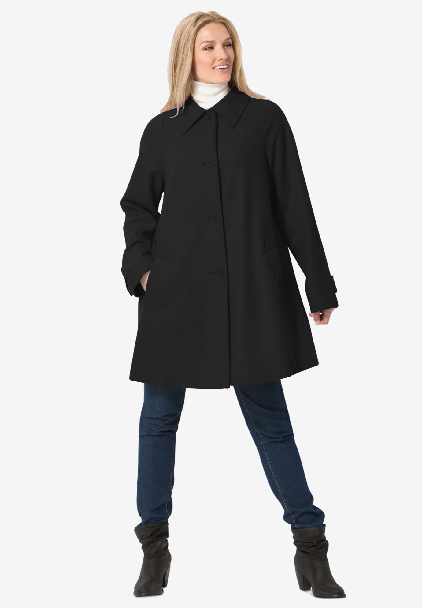 Wool-Blend A-Line Coat with Shoulder Pads, Black | Woman Within