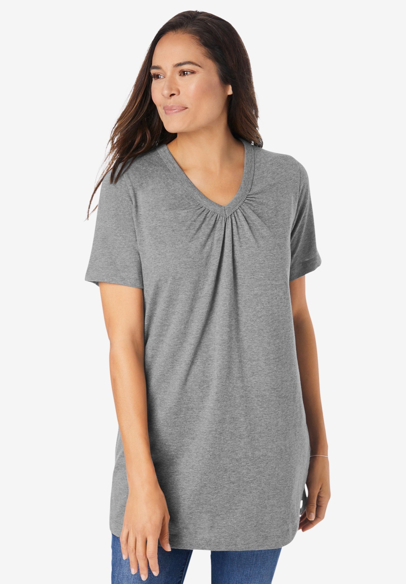 "Short-Sleeve Shirred V-Neck Tunic - Perfect", Medium Heather Grey ...