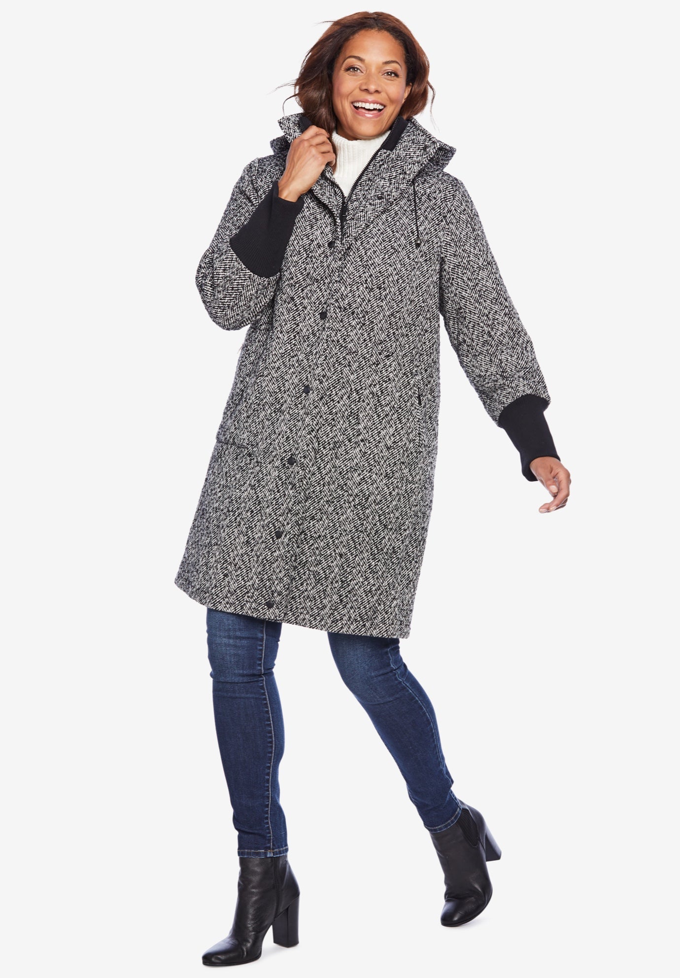 Wool Coat with Rib-Knit Trim, Cozy Mid-Length, Black Herringbone ...