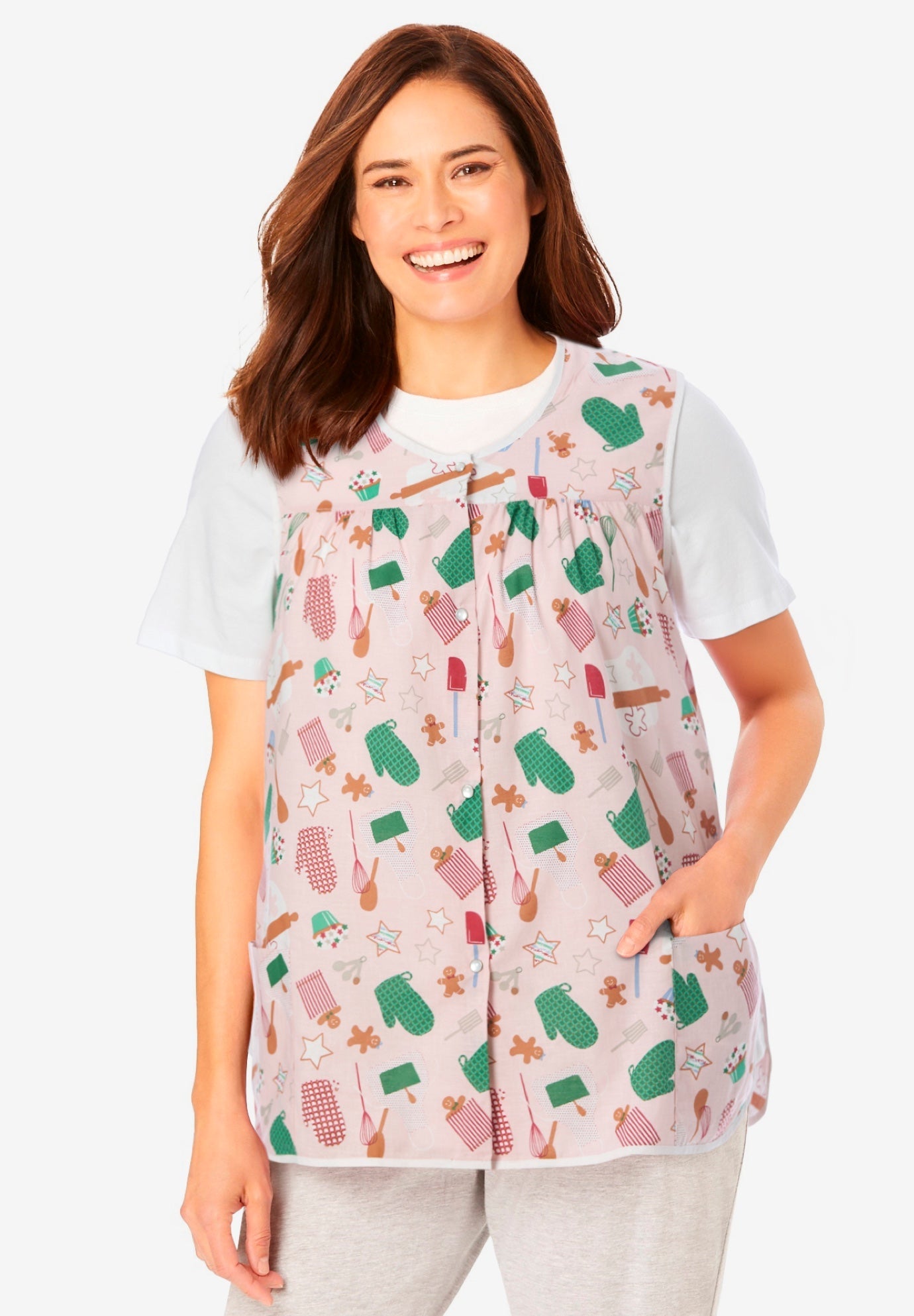 Snap-Front Apron with Pockets - 28" Length, Pink Holiday Print | Woman ...