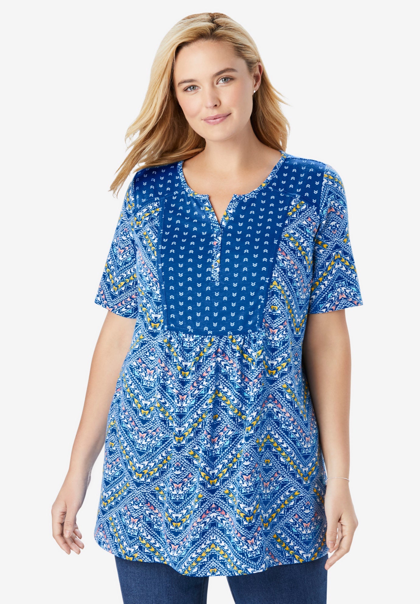 Mixed Print Henley Tunic | Woman Within