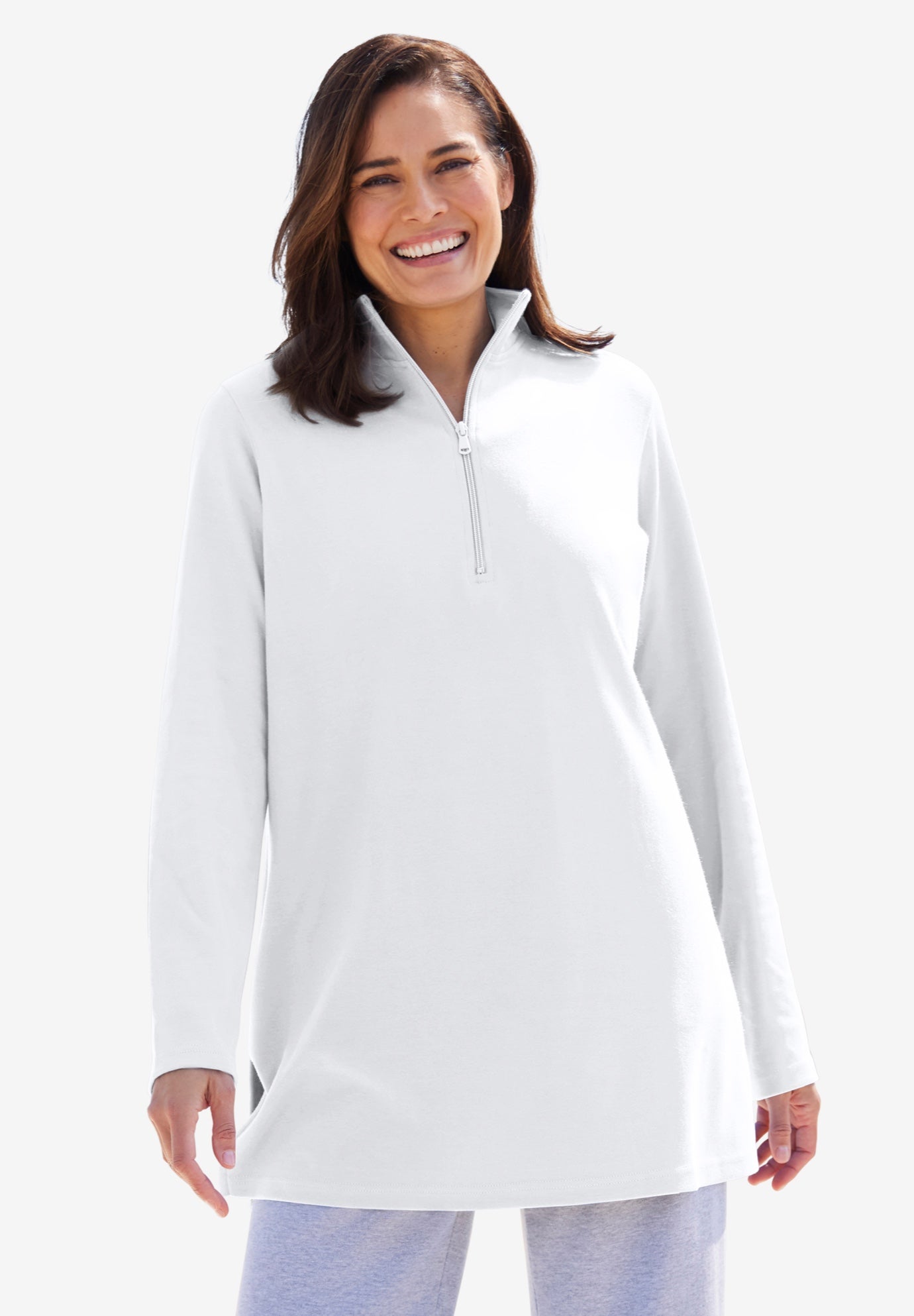 Plus Size Sport Knit Zip Tunic - Relaxed Fit, White | Woman Within
