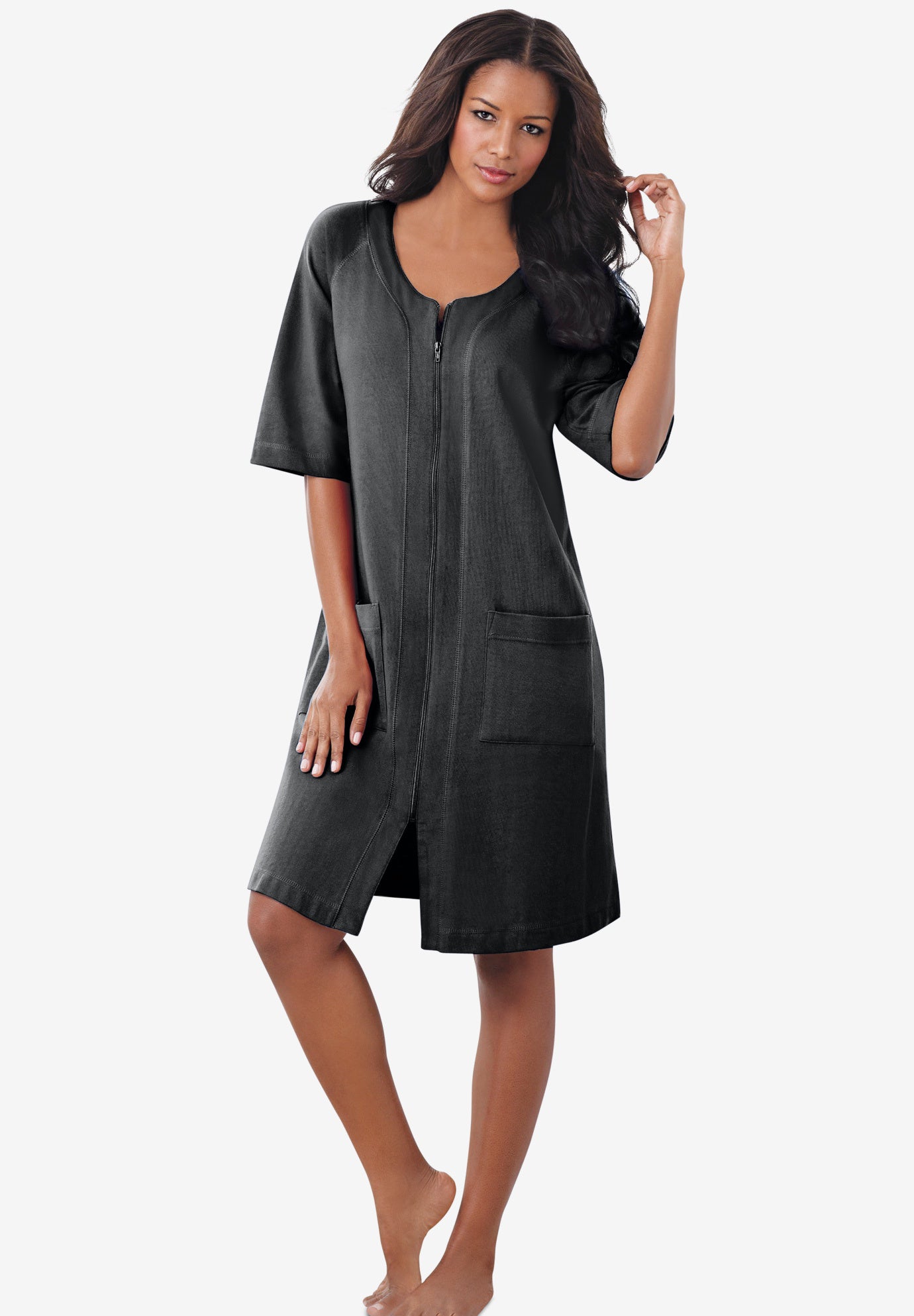 Short French Terry Zip-Front Robe | Woman Within