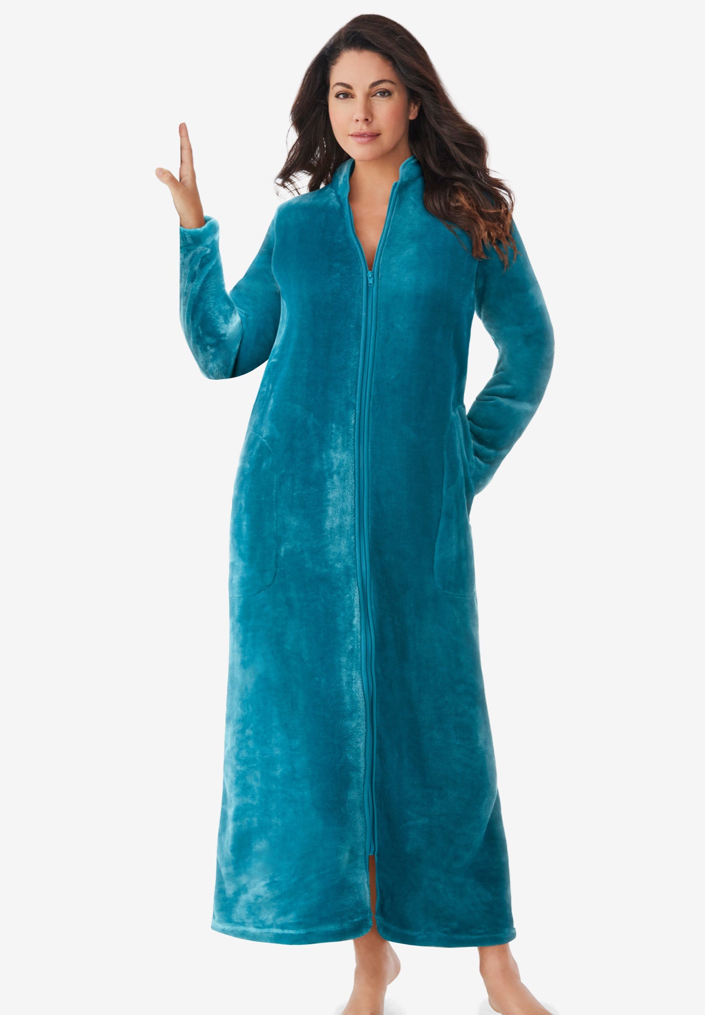 Cozy Microfleece Robe with Pockets, Deep Teal | Woman Within