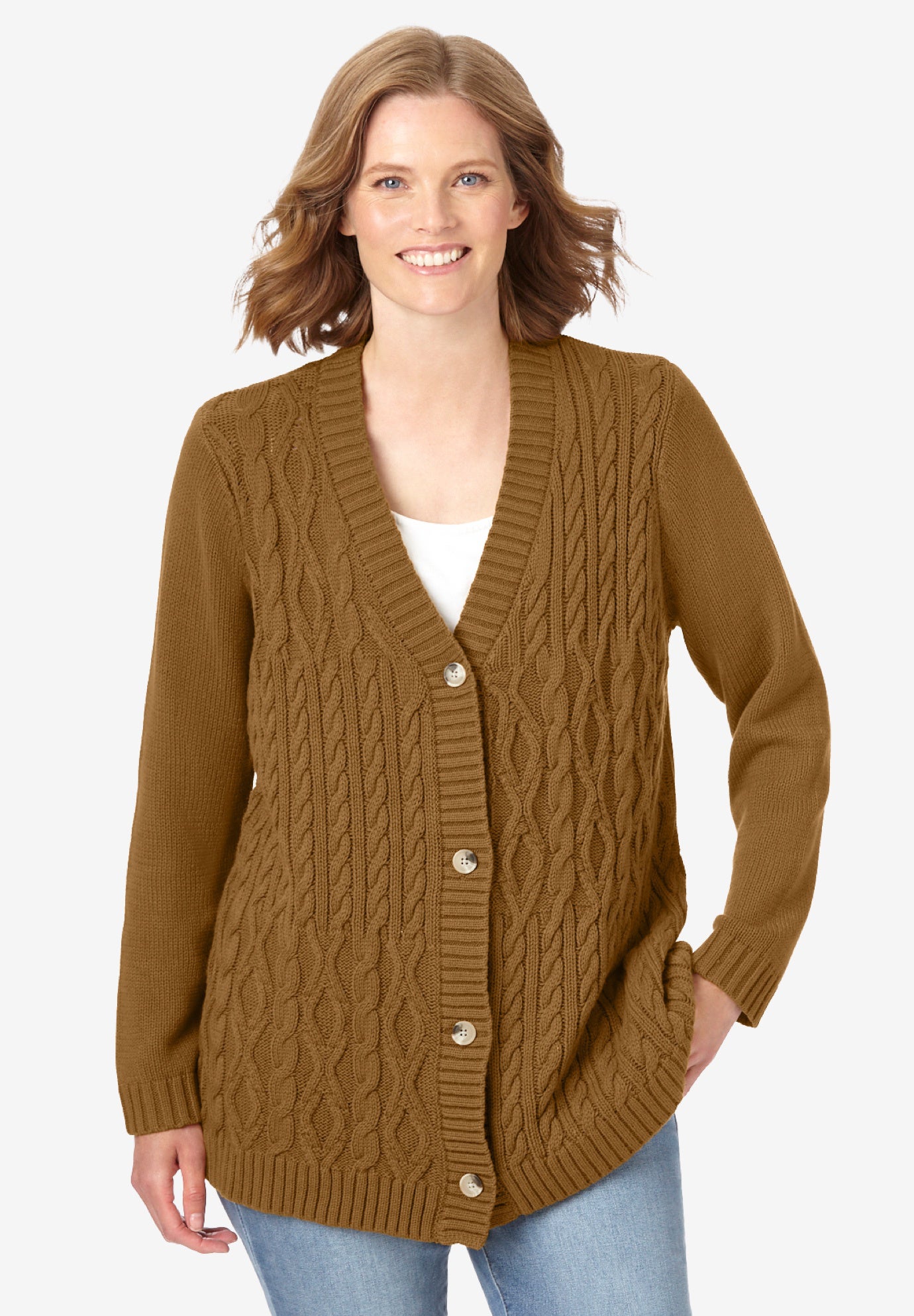 Classic Cable Knit Cardigan for Women, Blue Coast | Woman Within