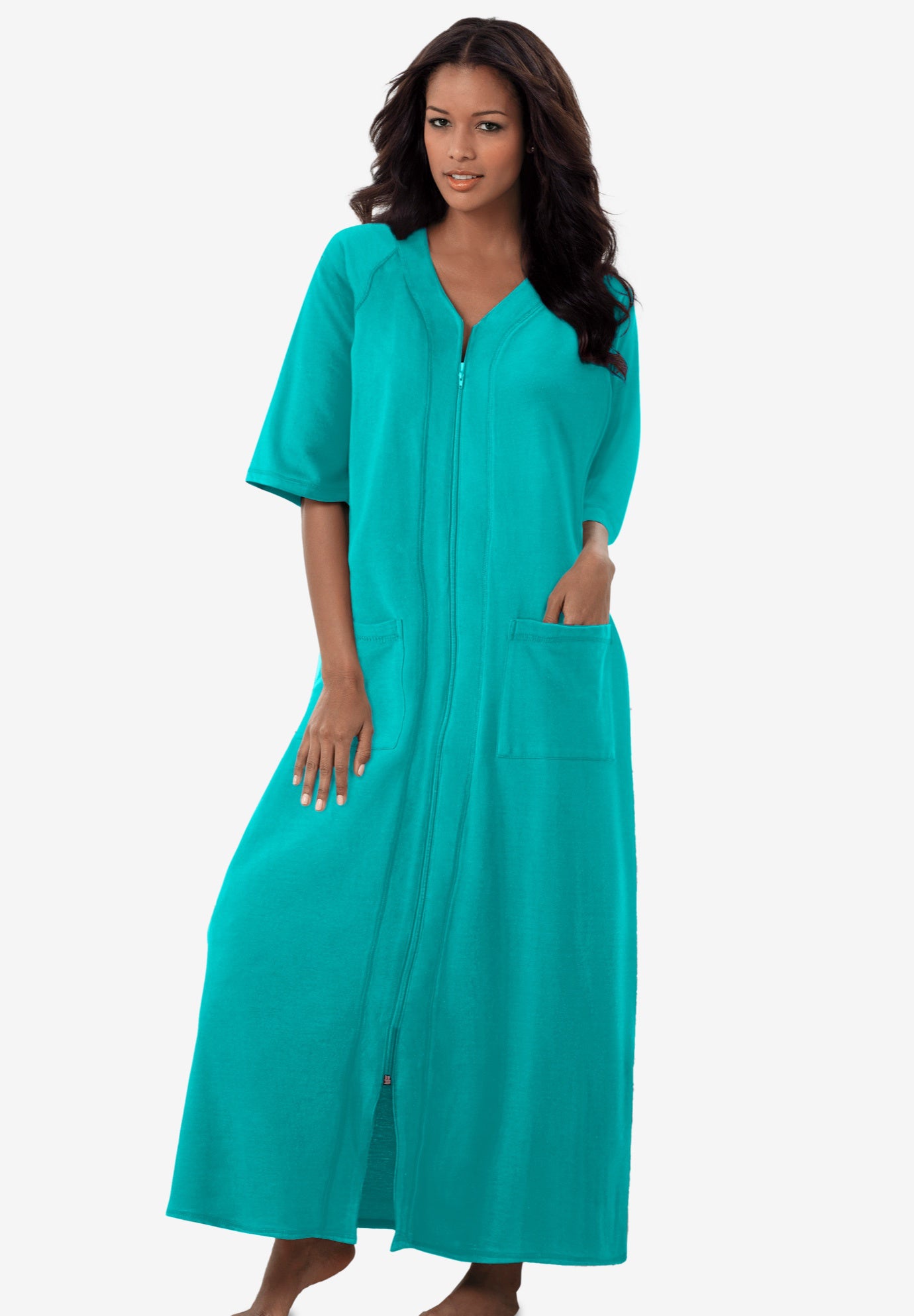 French Terry Robe - Long Zip-Front Style, Aquamarine | Woman Within