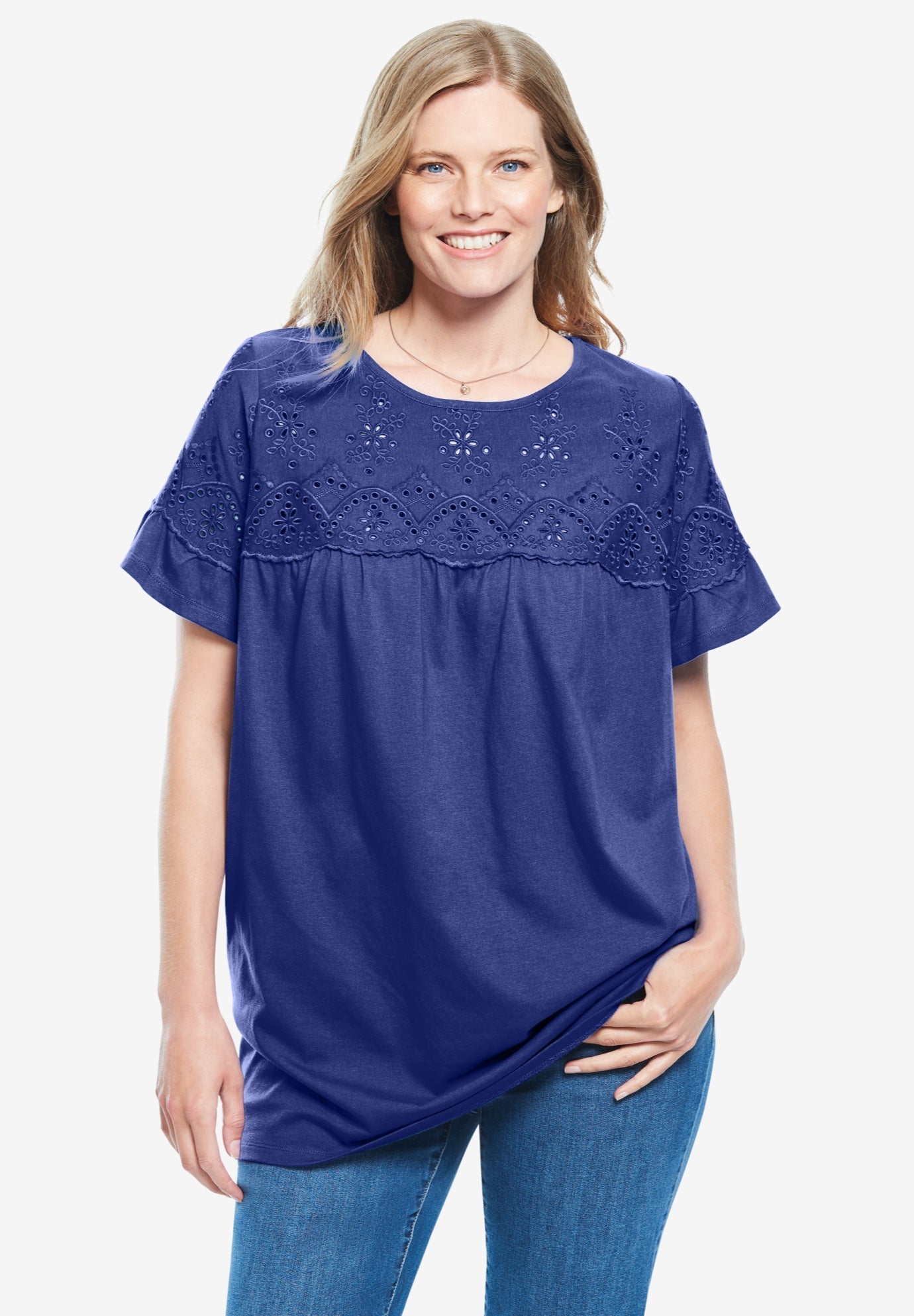 Plus Size Flutter Sleeve Eyelet Tunic, 4352734 | Woman Within
