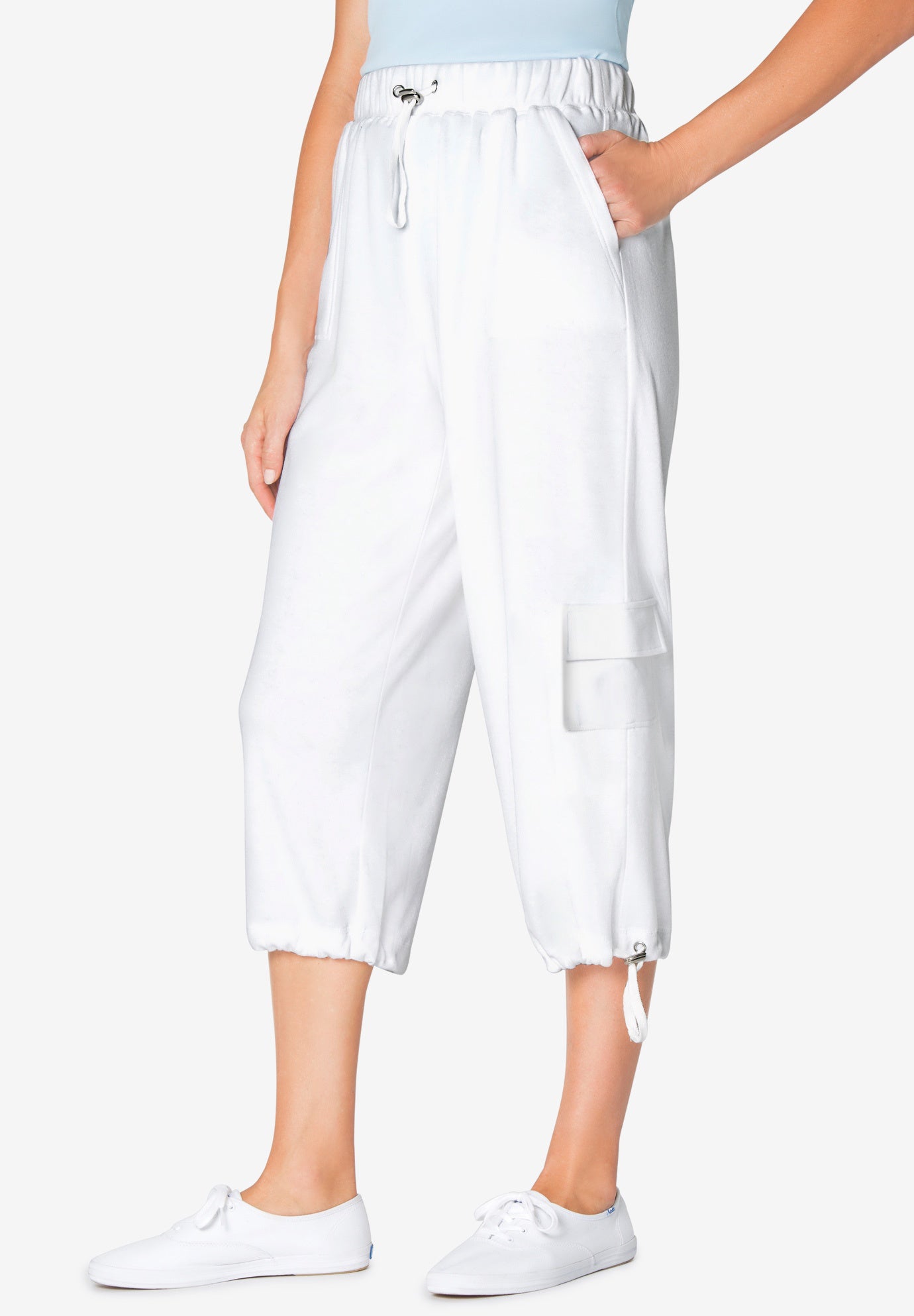 Knit Cargo Capri Pants - Pull-On Style, White | Woman Within