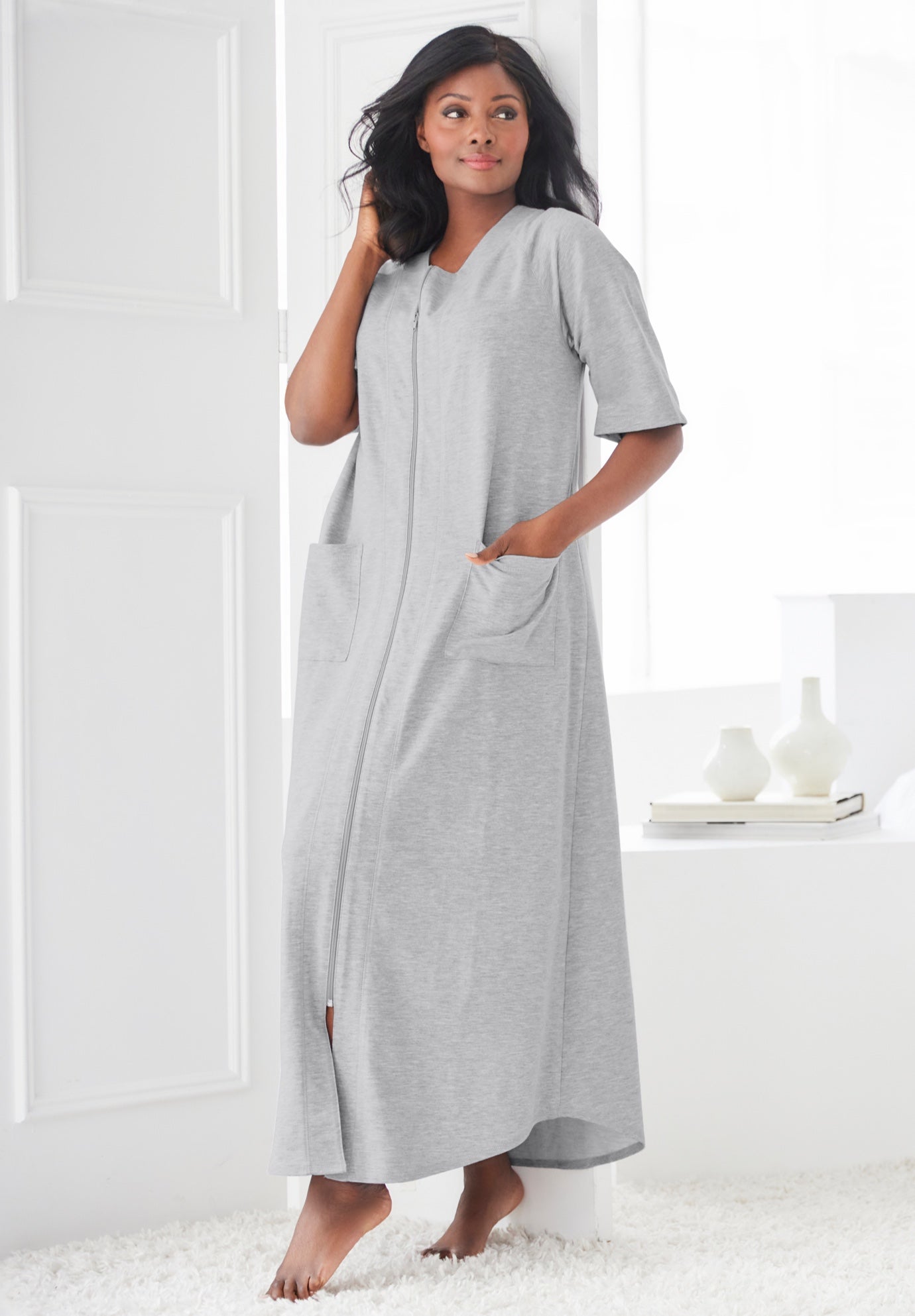 French Terry Robe - Long Zip-Front Style, Heather Grey | Woman Within