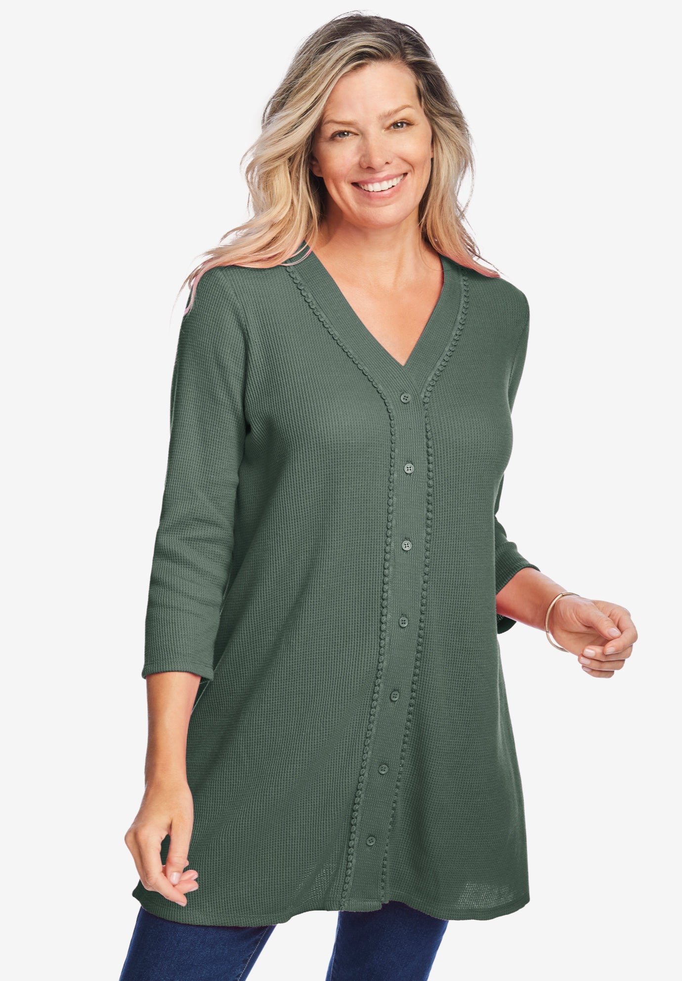 Thermal Knit Button-Front Tunic Top, Pine | Woman Within